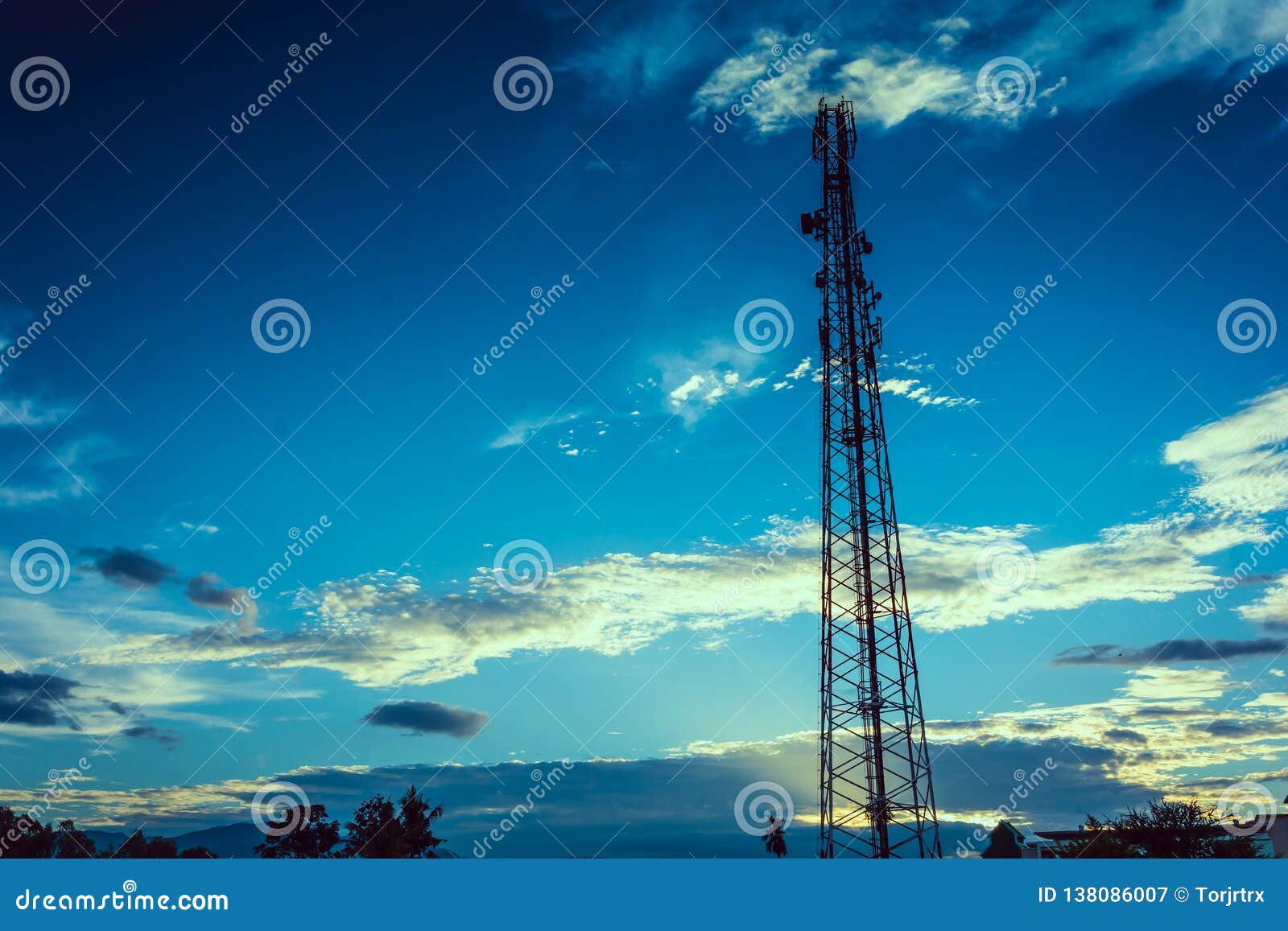 Telecommunication Cellular Tower at Sunset in Cool Color Tone Stock ...
