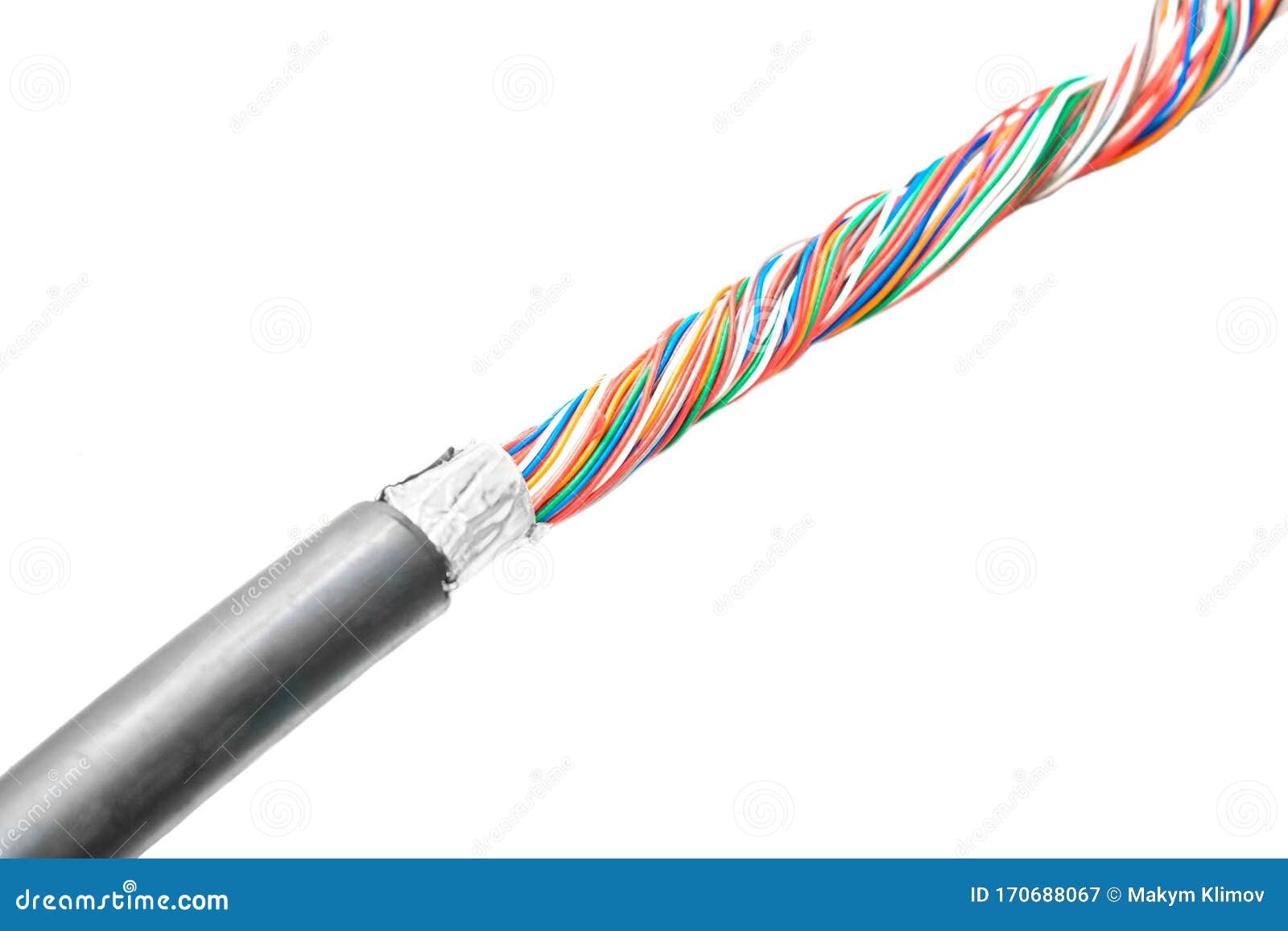 Telecommunication Concept. Damaged Insulation of Stranded Main Wire ...