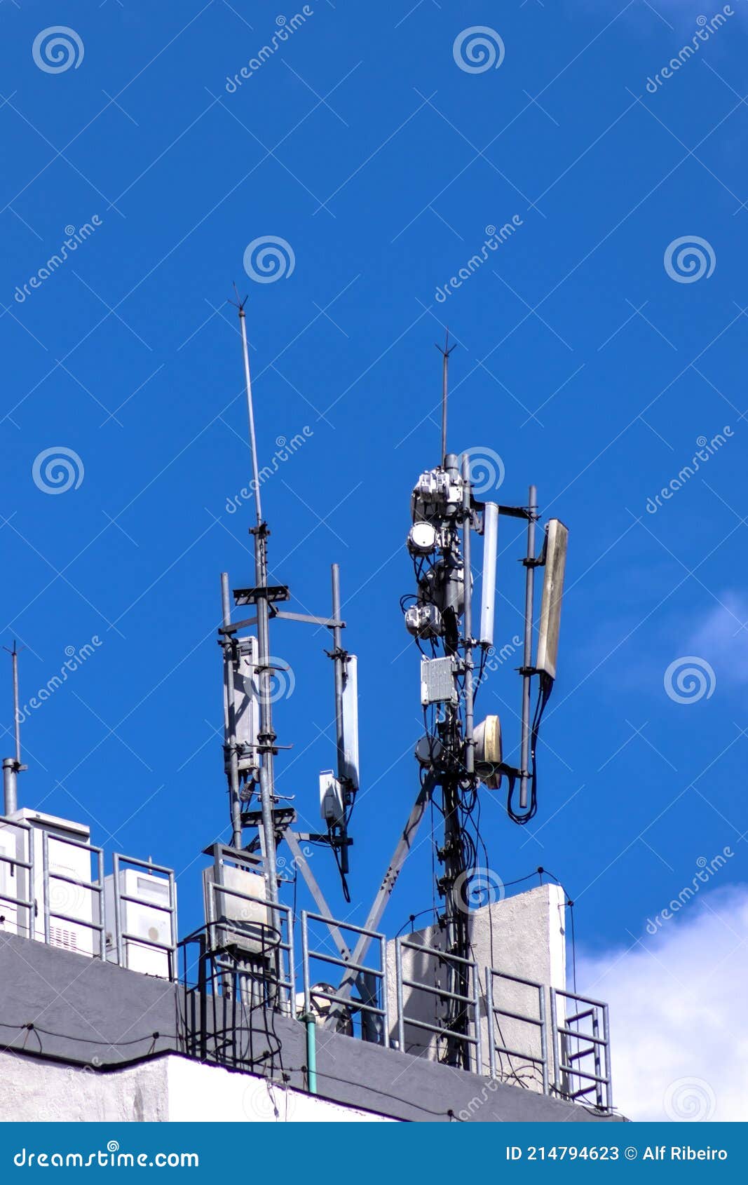 Telecommunication Tower with Copy Space in Roof Top of Building.Digital ...