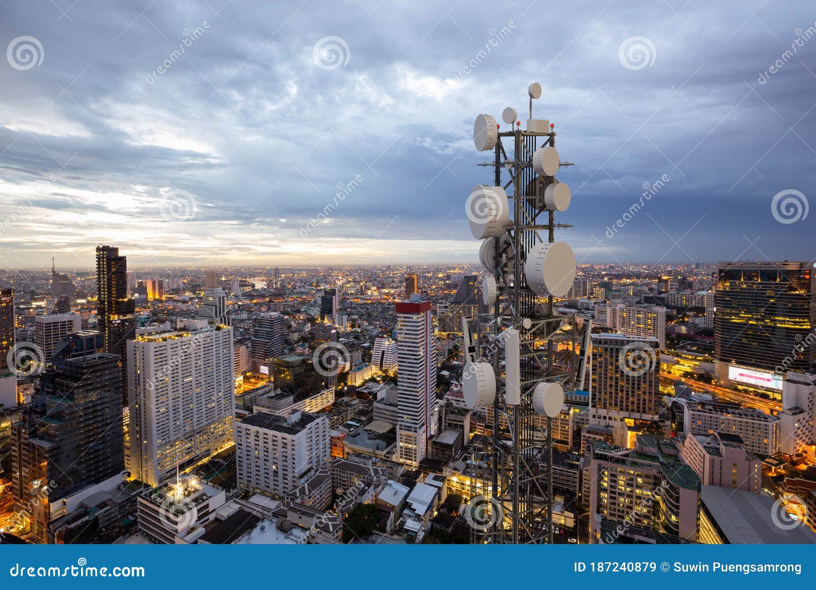 Telecommunication Tower with 5G Cellular Network Antenna on Night City ...