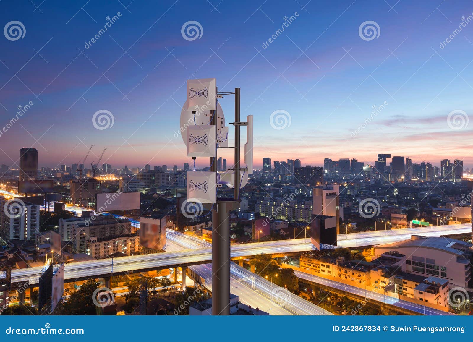 Telecommunication Tower with 5G Cellular Network Antenna on Night City ...