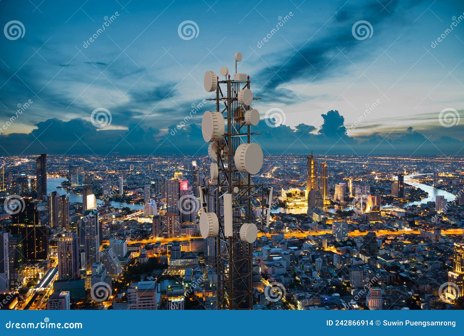 Telecommunication Tower with 5G Cellular Network Antenna Wave on Night ...