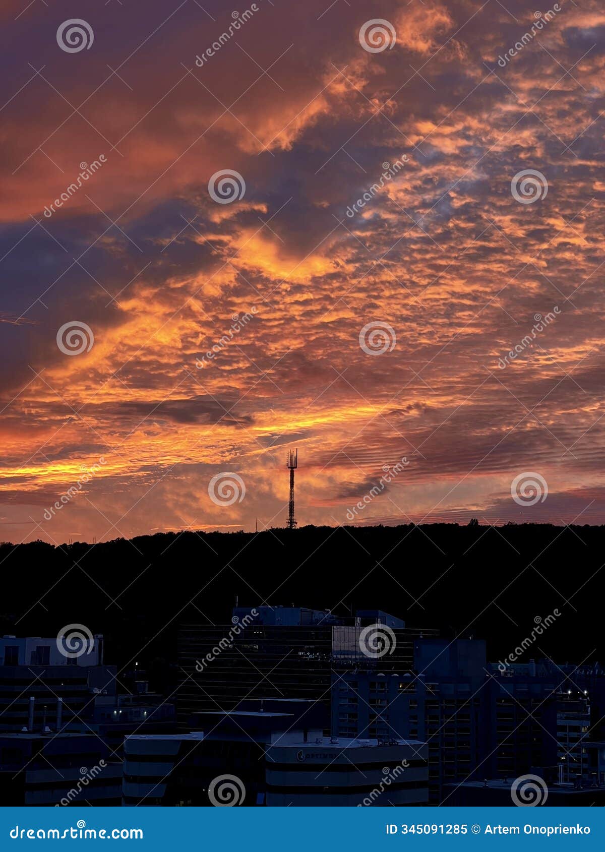 Telecommunication Tower on the Horizon, Sunset Clouds. High Quality ...