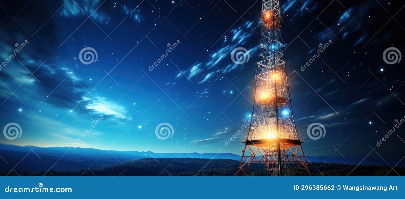 Telecommunication Tower in the Night Sky with Stars and Moon Stock ...
