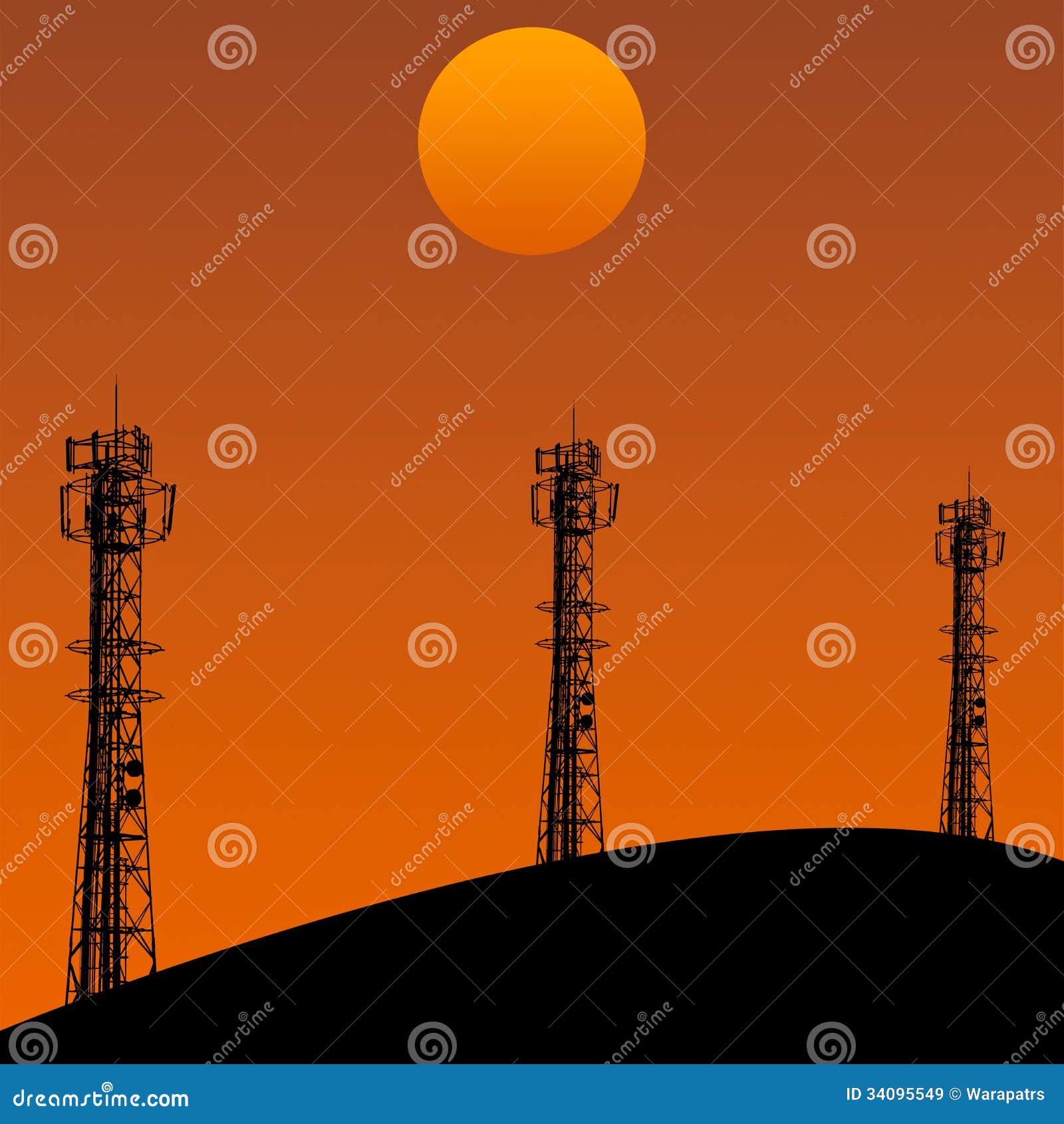 Telecommunication Tower in Sunset Day Stock Illustration - Illustration ...