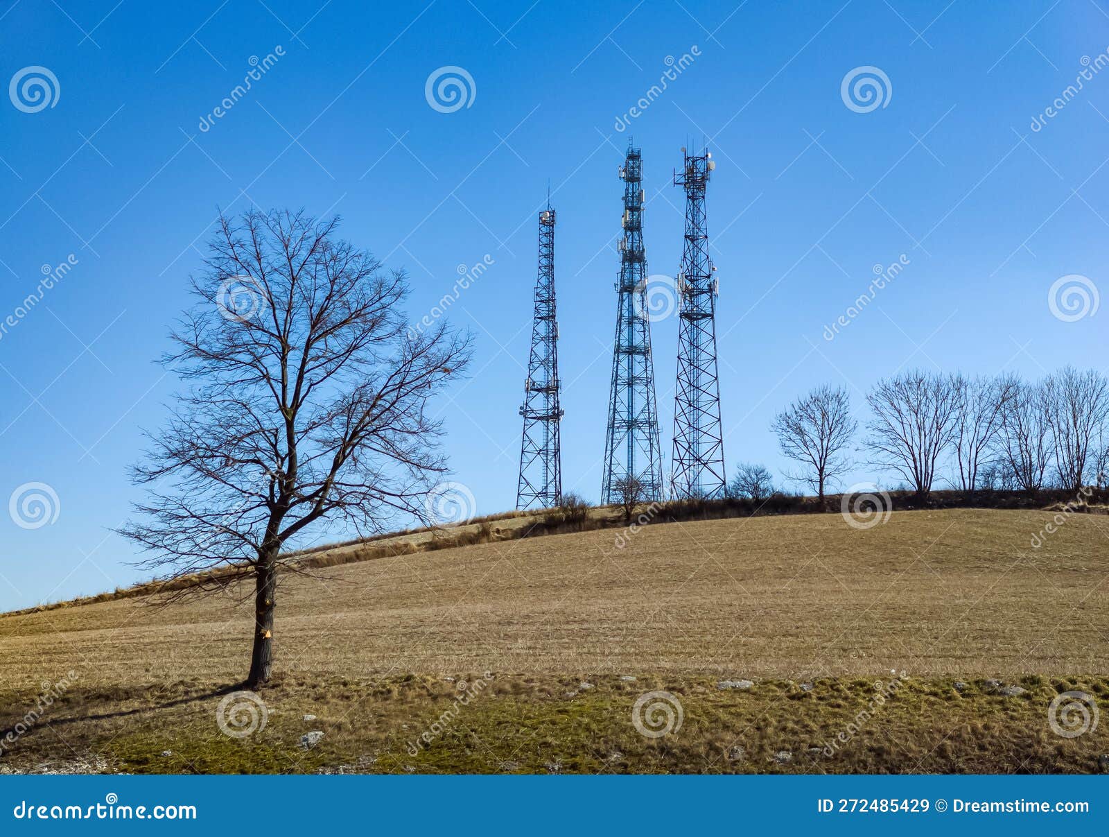 Telecommunication Towers on Field. Wireless Communication Antenna ...