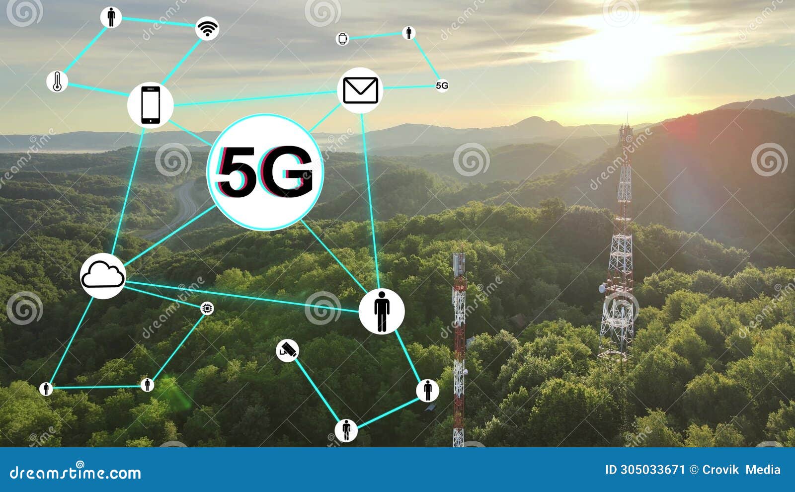 Telecommunication Transmission Towers with Graphics of 5G Connection ...