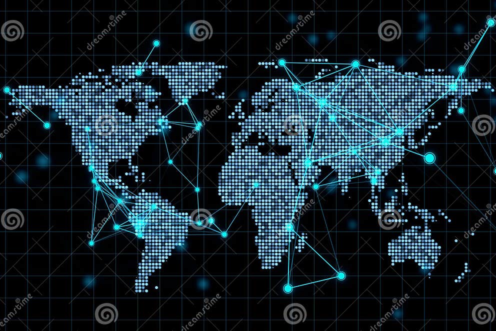 Telecommunication World Map Concept with Digital Dots and Lines on ...