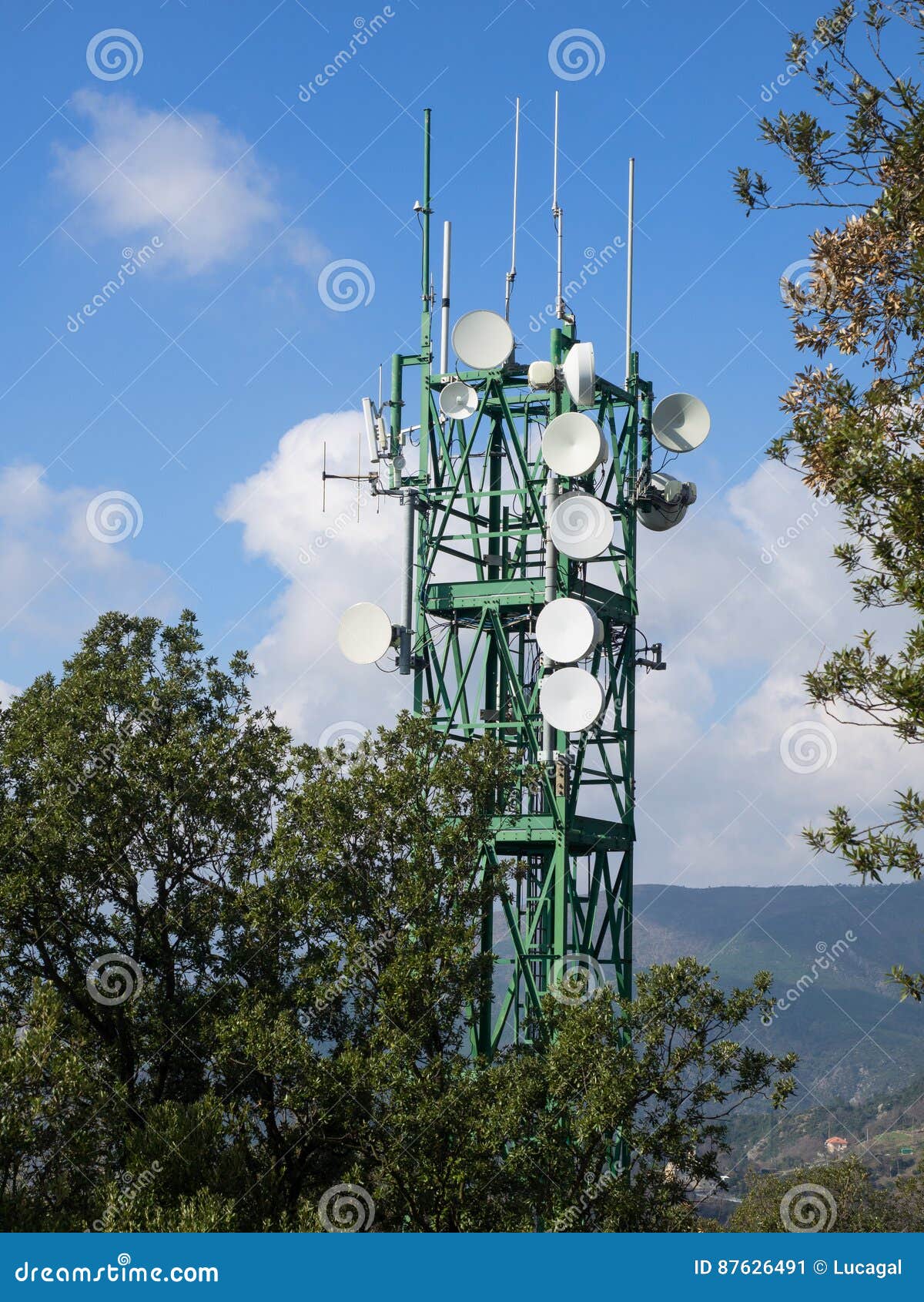 Telecommunications and Broadcasting Tower with Parabolic Dish an Stock ...