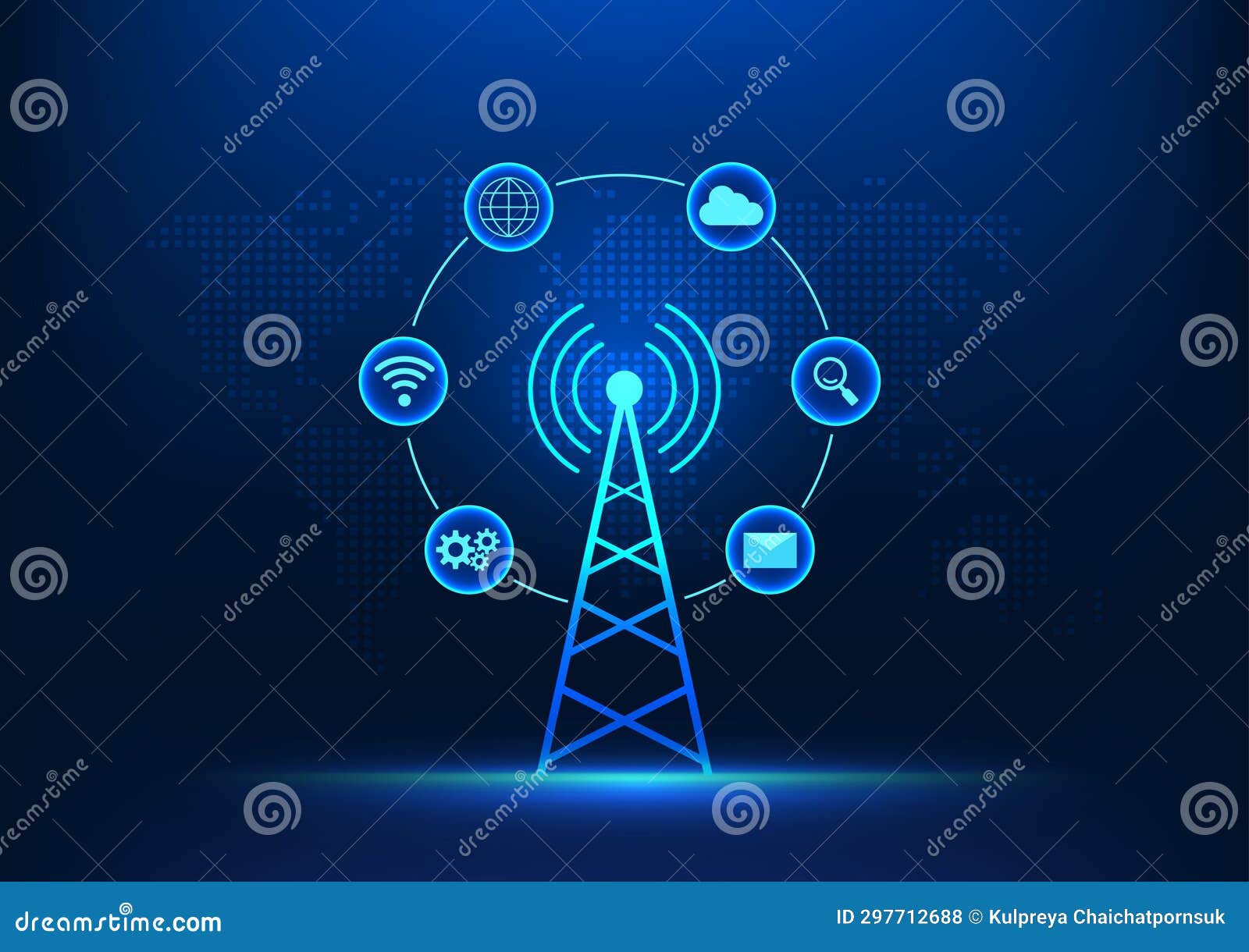 Telecommunications Technology Transmission Tower in Front of World Map ...