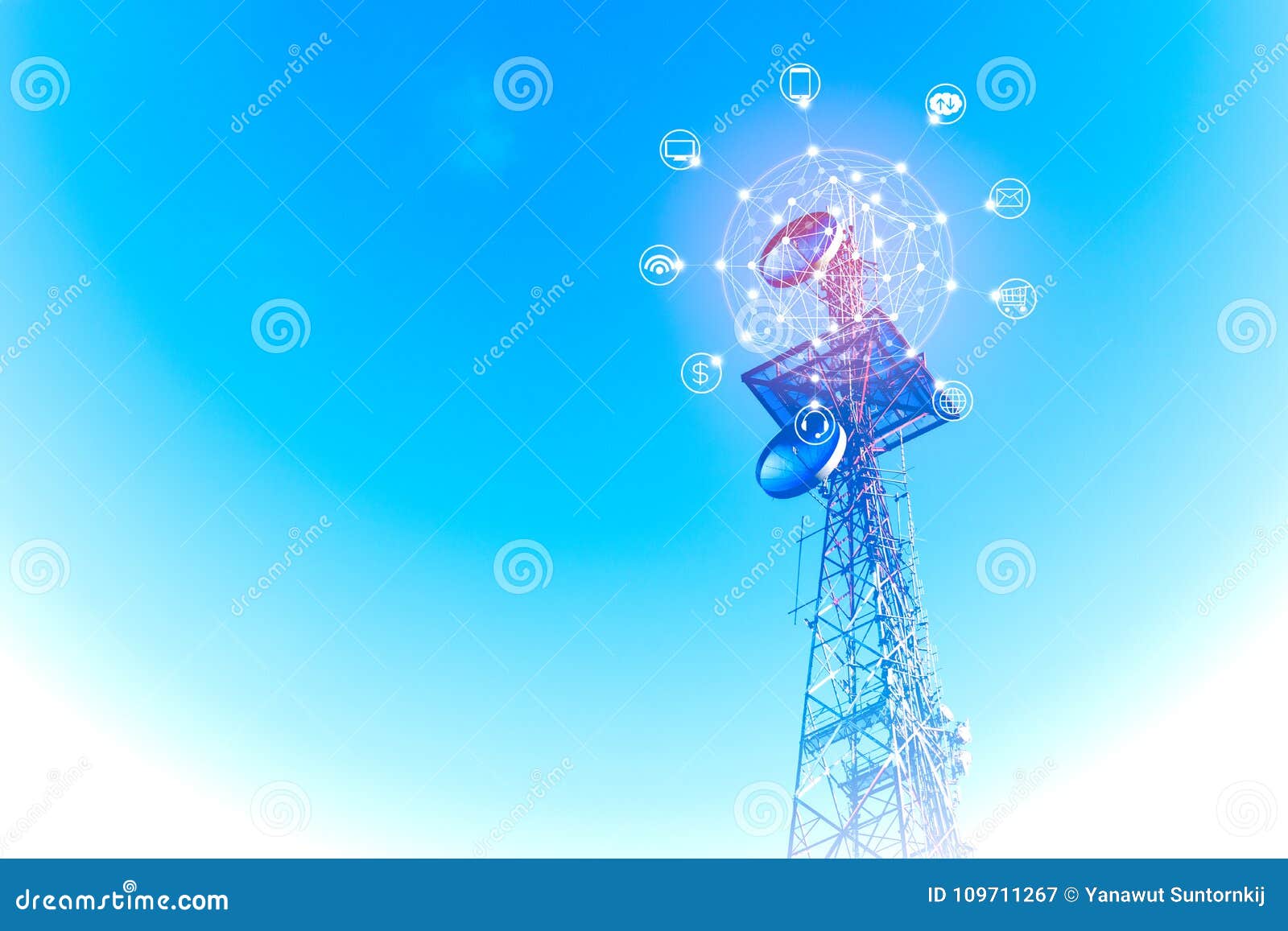 Telecommunications Tower with with Icon of Internet, E-mail, Cloud ...