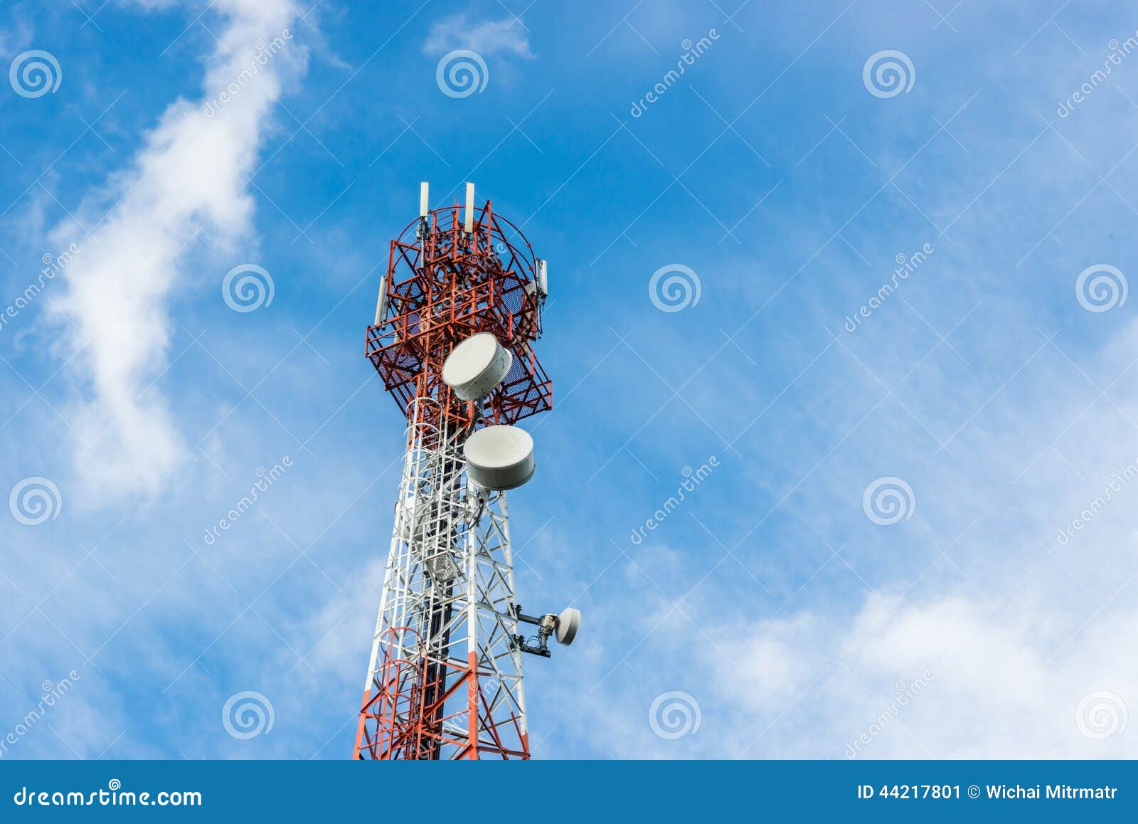 Telecommunications Tower with Many Satellite Dish on Blue Sky Cloud ...