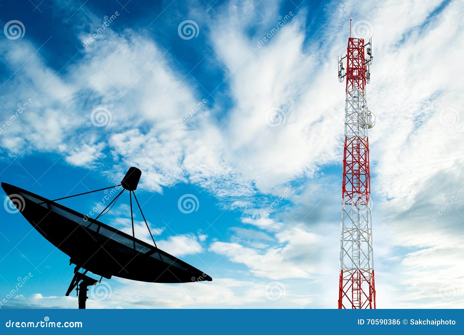 Telecommunications Tower with Satellite Dish on Sky Stock Photo - Image ...