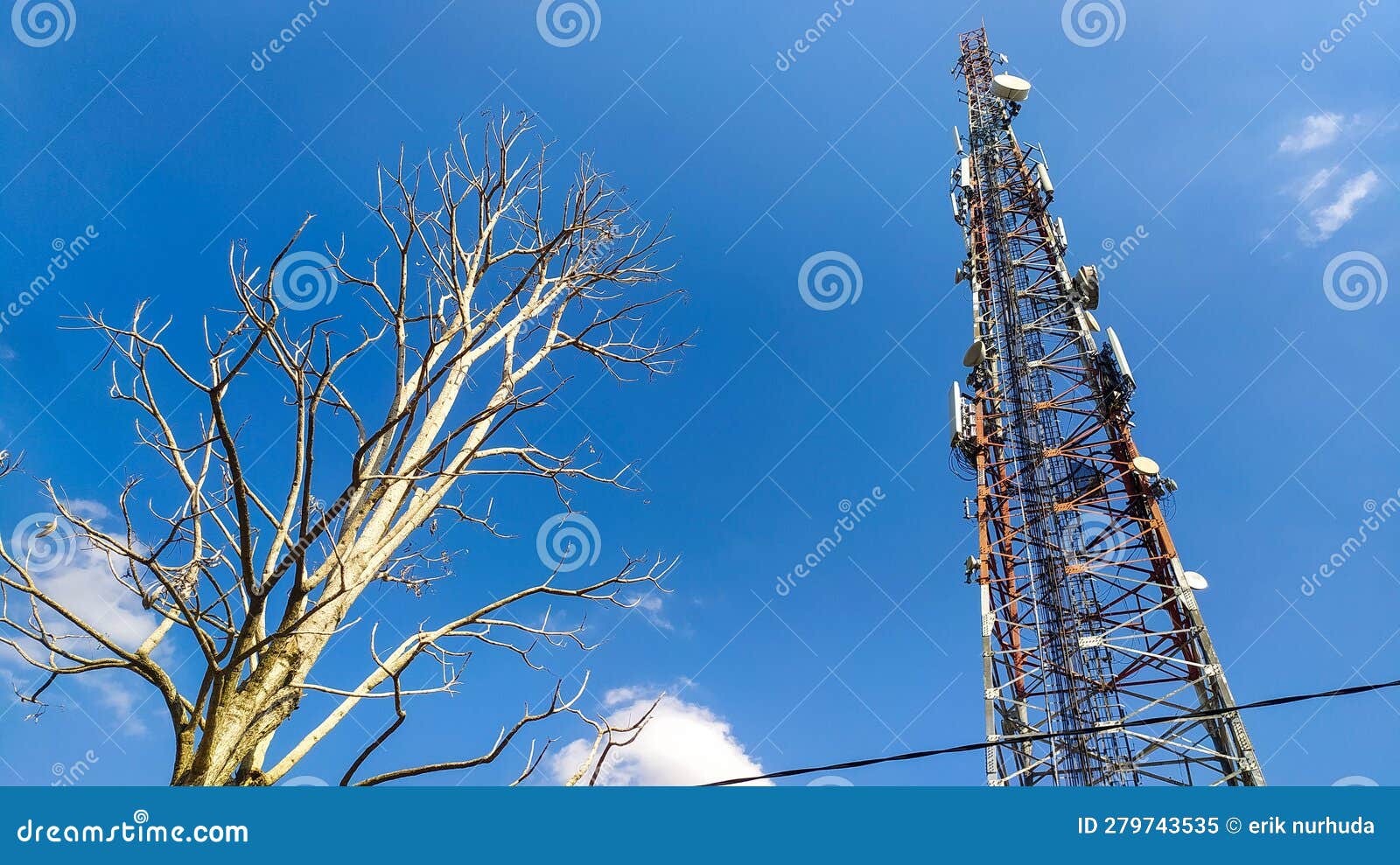 Telecommunications Towers and Dry Tree Branches Under a Blue Sky Stock ...
