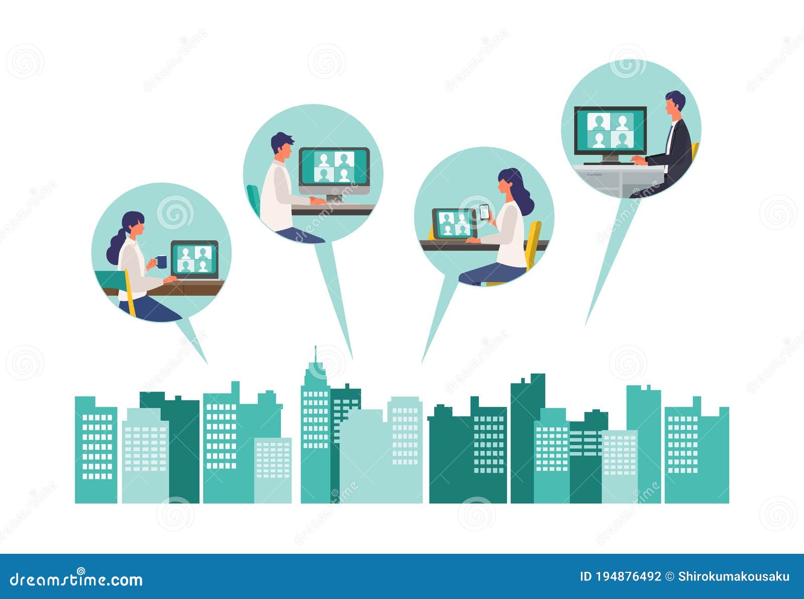 Telecommuting Concept. Vector Illustration of People Having ...