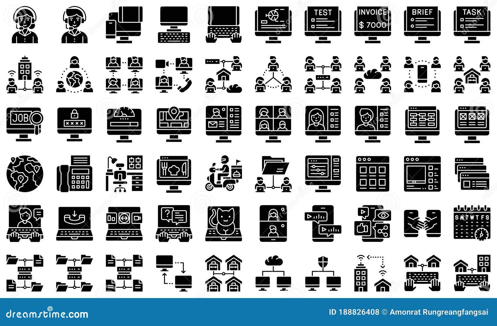 Telecommuting or Remote Work Solid Icon Set, Vector Illustration Stock ...