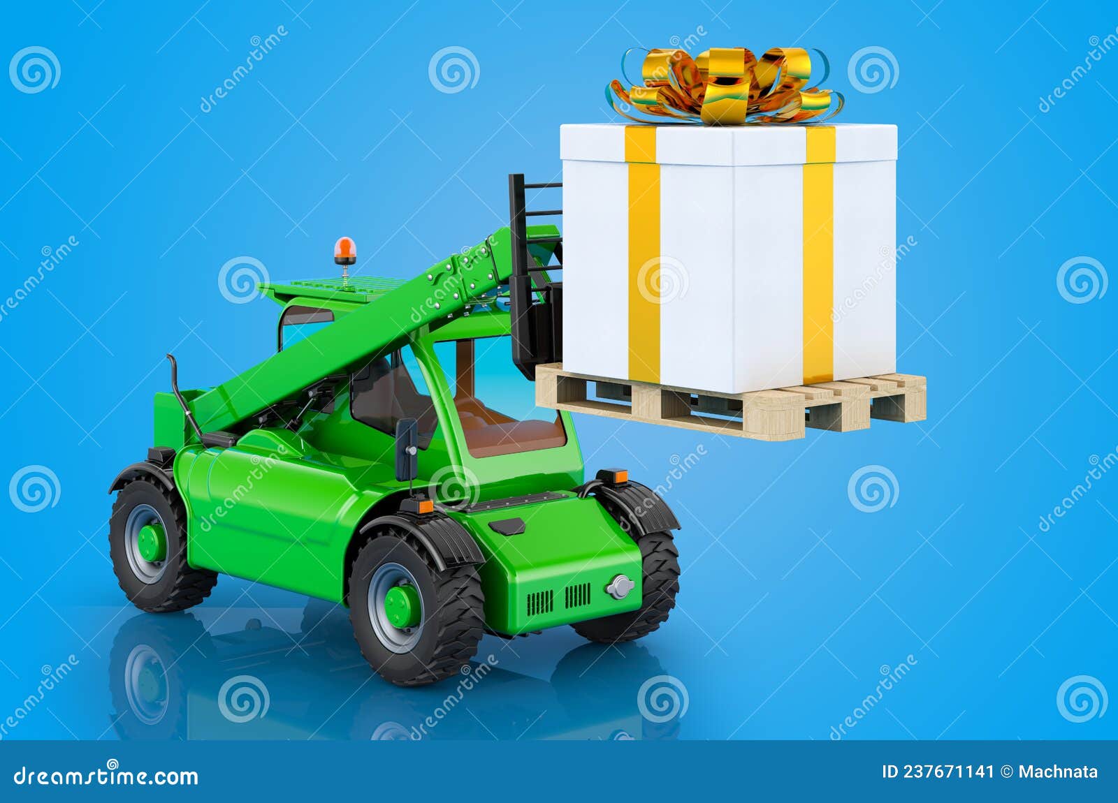 Telehandler with Present. Gift Delivery Concept, 3D Rendering Stock ...