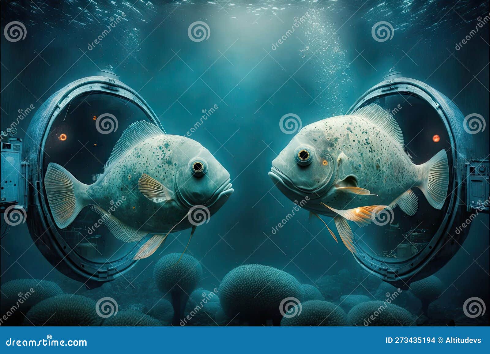 Telepathic Communication between Fish in Space Underwater Stock ...