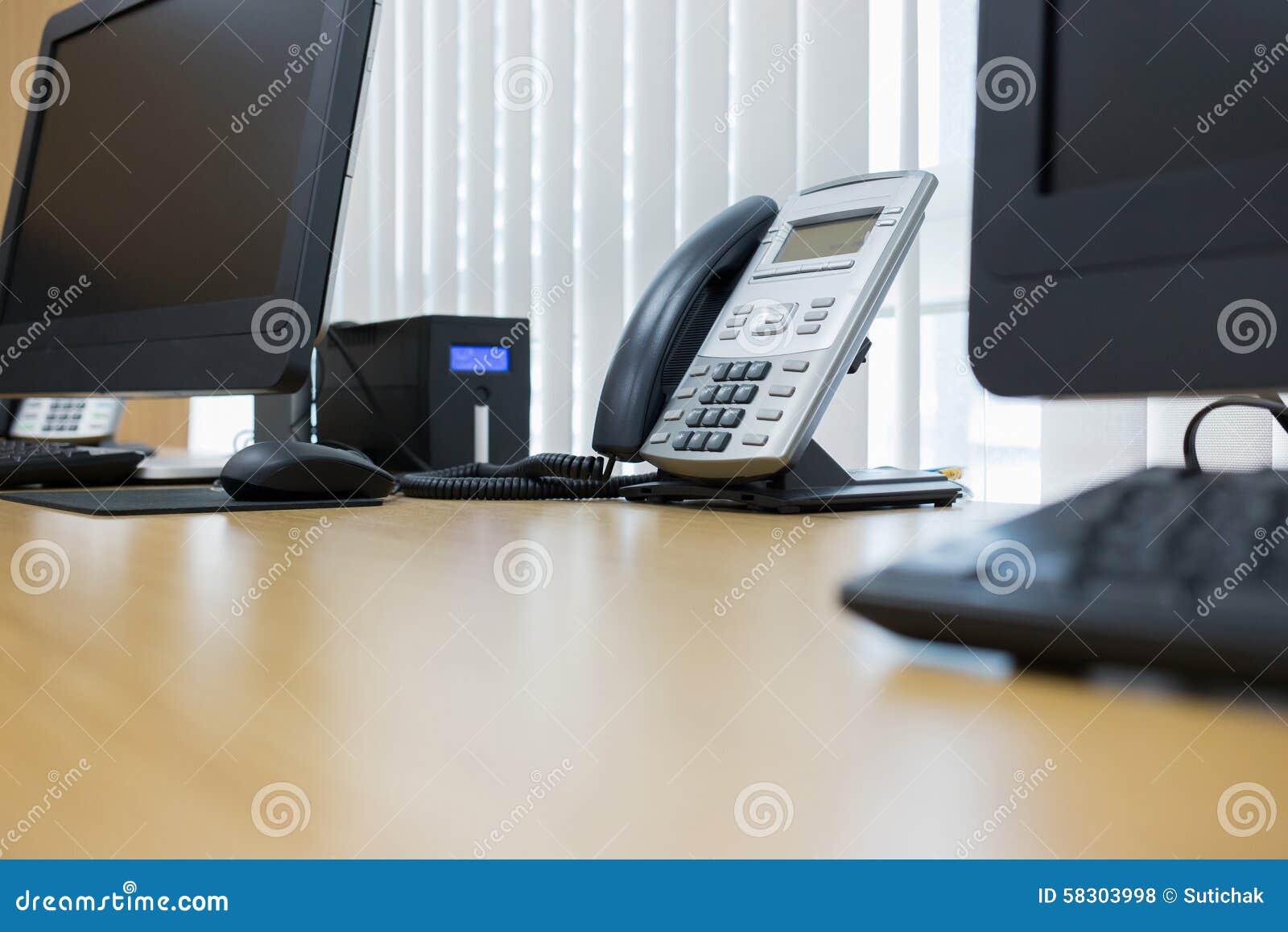 Telephone and Computer on Table Work Stock Photo - Image of light ...
