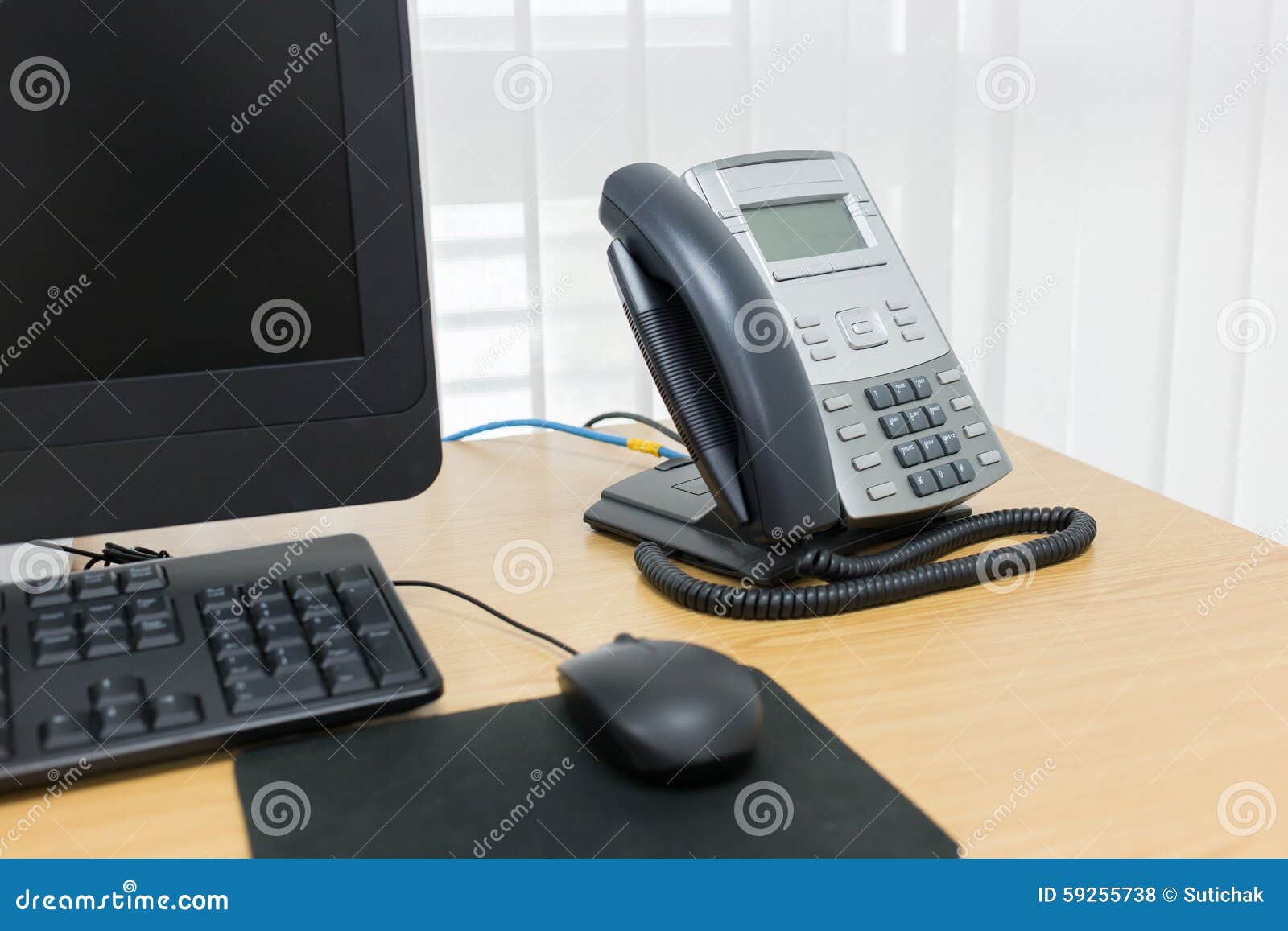 Telephone and Computer on Table Work Stock Photo - Image of keyboard ...