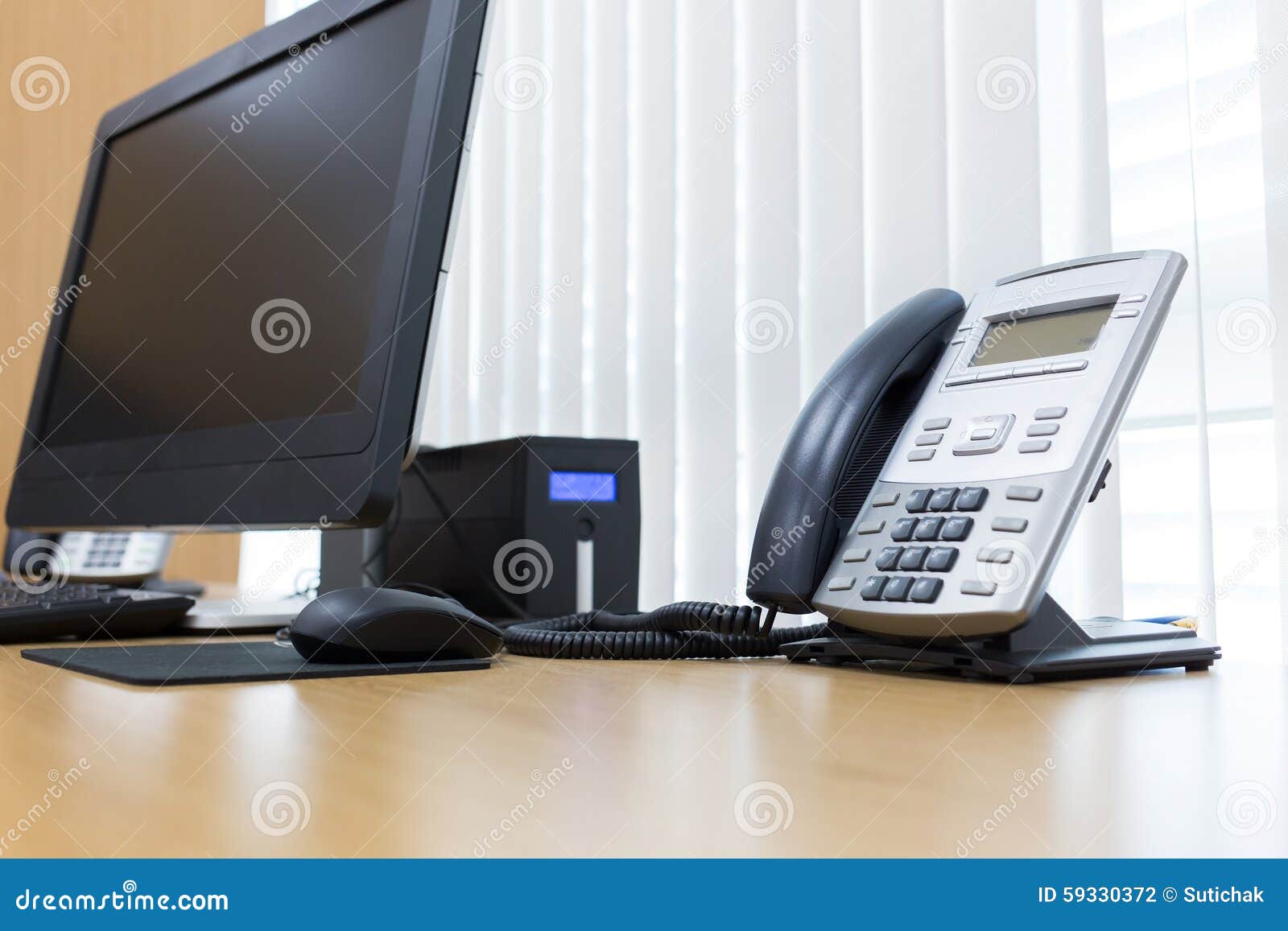 Telephone and Computer on Table Work of Room Service Stock Photo ...