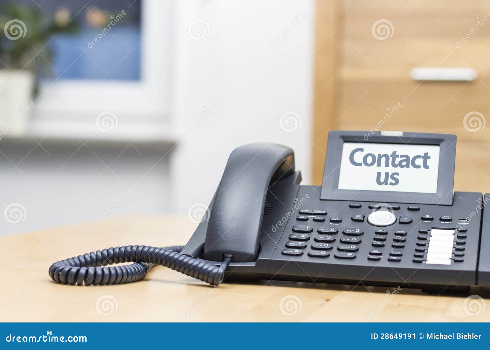Telephone with Digital Display on Wooden Desk Stock Image - Image of ...