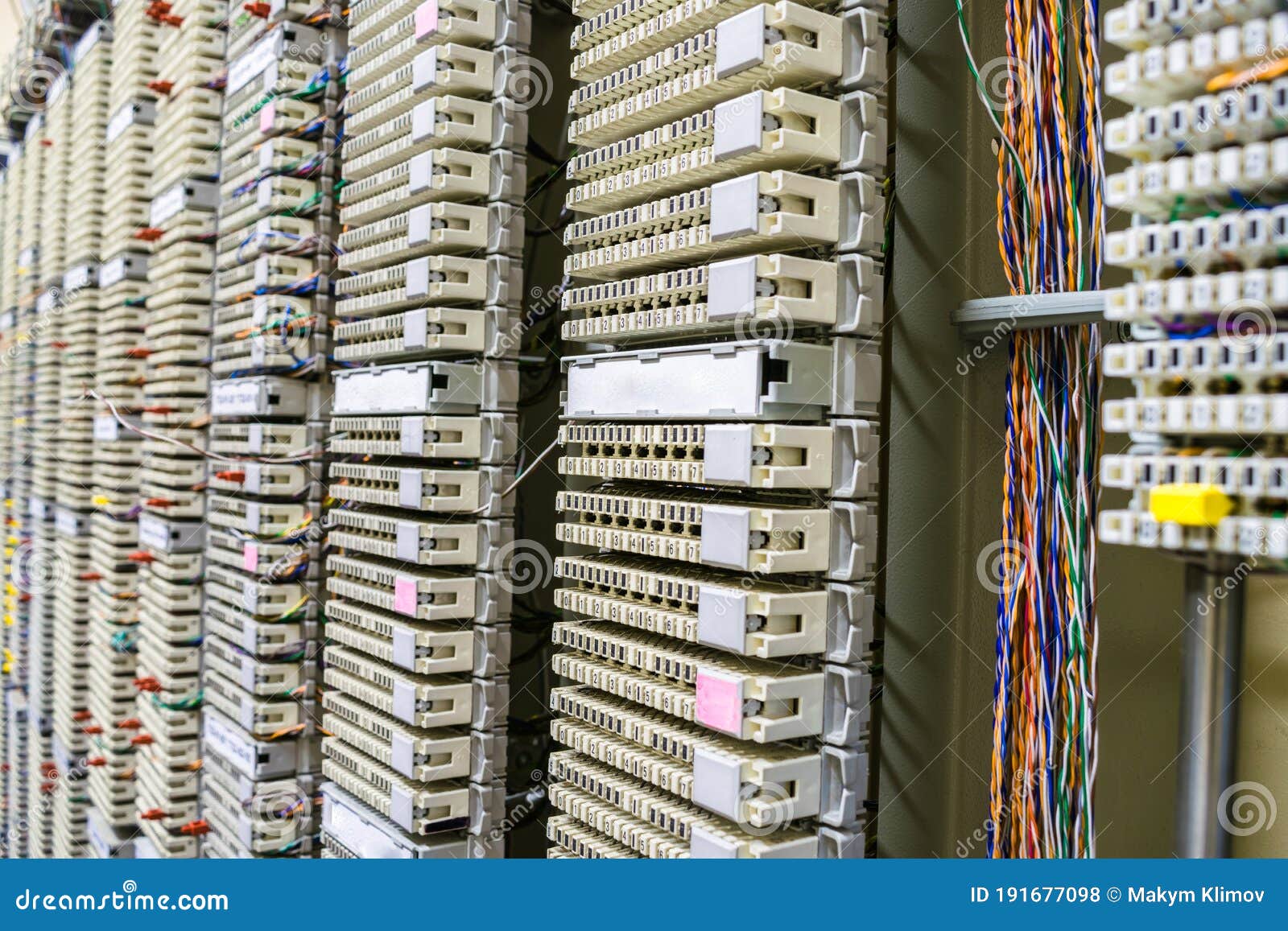 Telephone Switchboard Panel is in the Server Room. Many Multi-colored ...