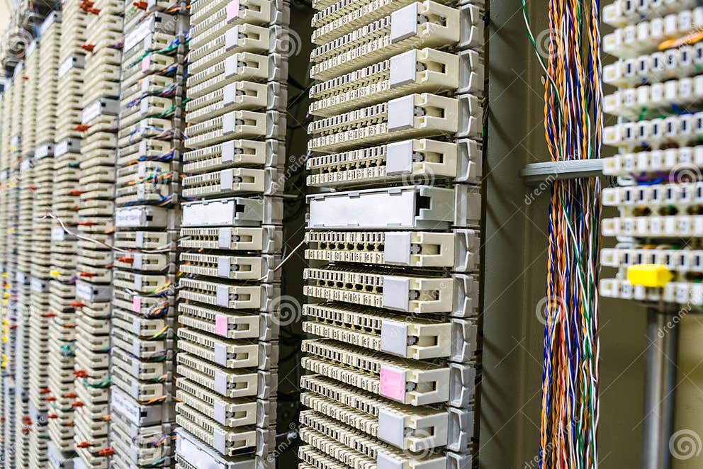 Telephone Switchboard Panel is in the Server Room. Many Multi-colored ...