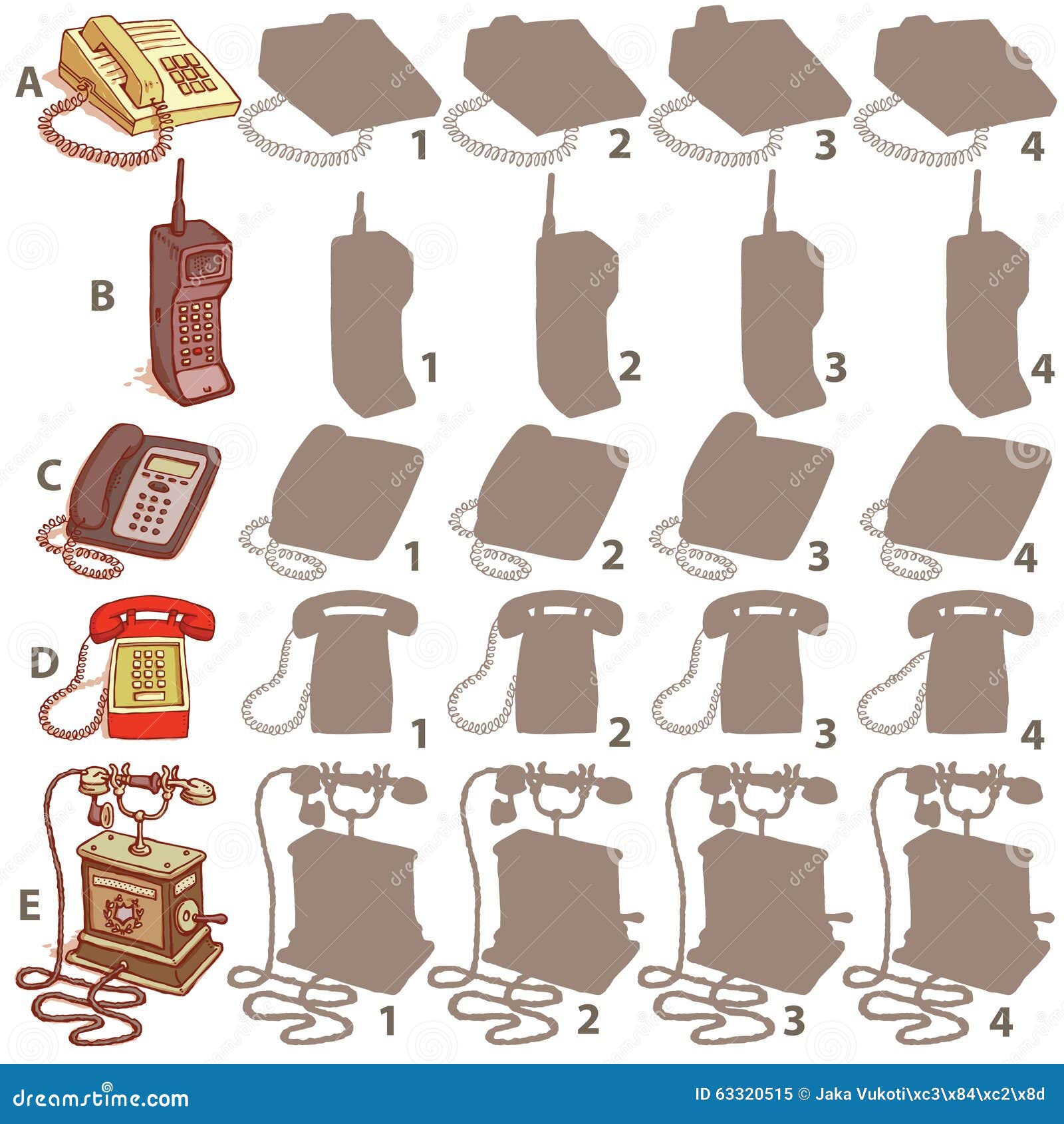 Telephones Shadow Visual Game. Solution: A2,B4,C1,D3,E4. Stock Vector ...