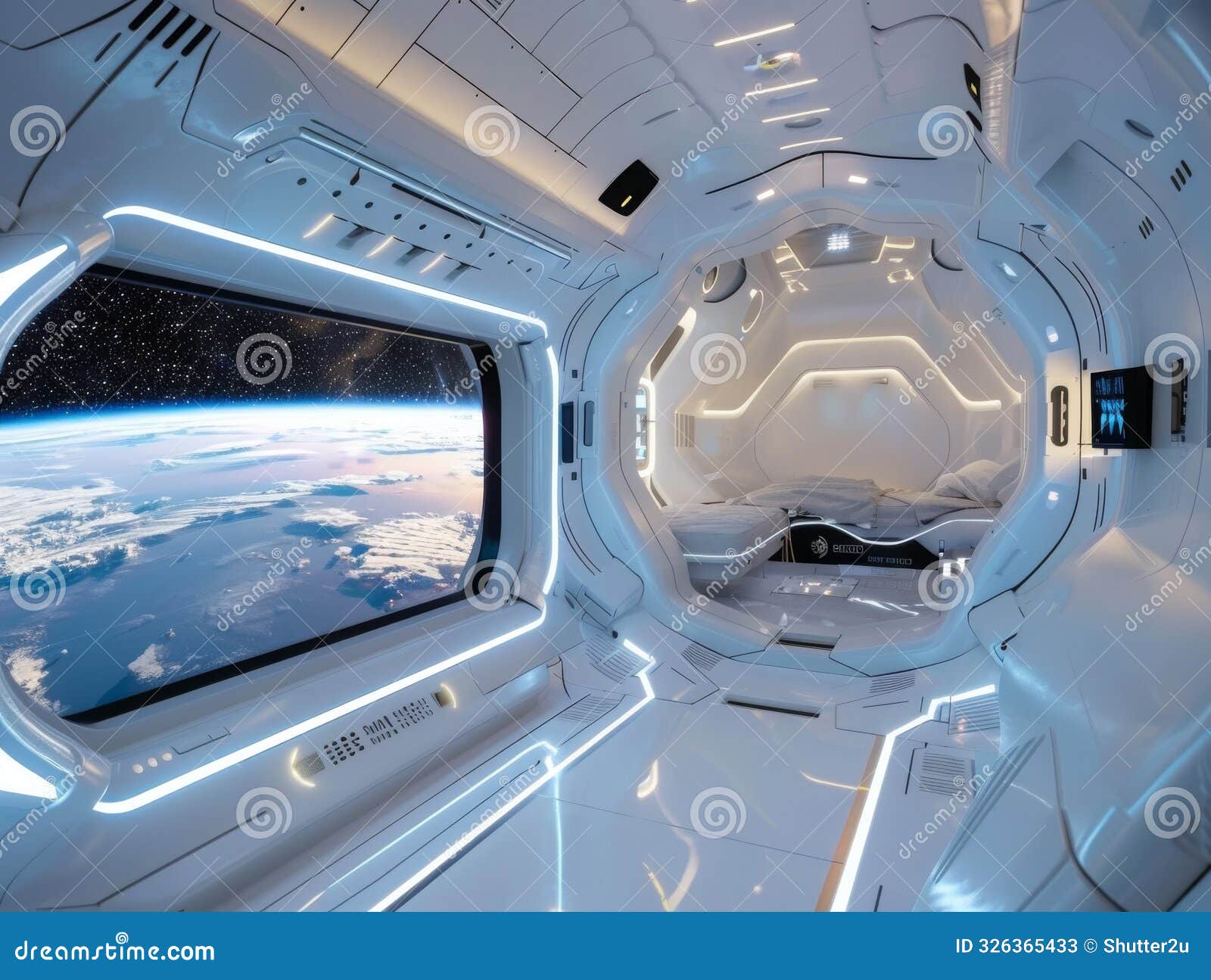 A Teleportation Chamber Inside a Space Station Sleek and Glowing with a Distant View of Earth ...
