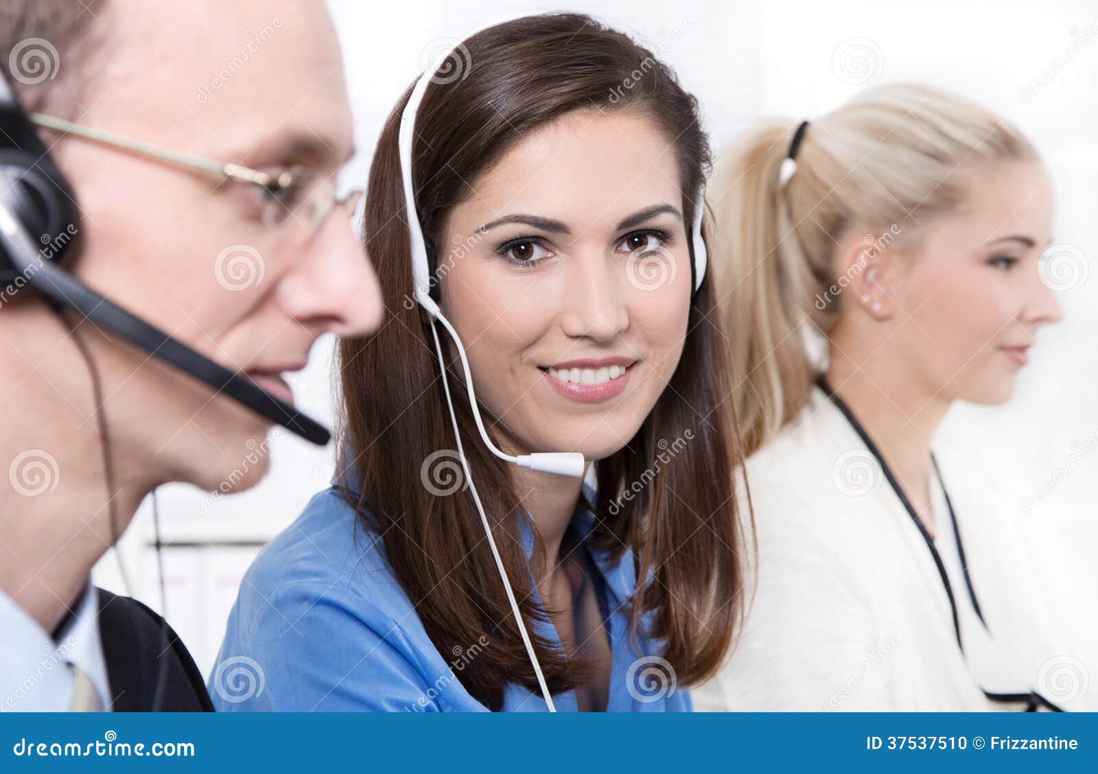 Telesales or Helpdesk Team - Helpful Woman with Headset Smiling Stock ...