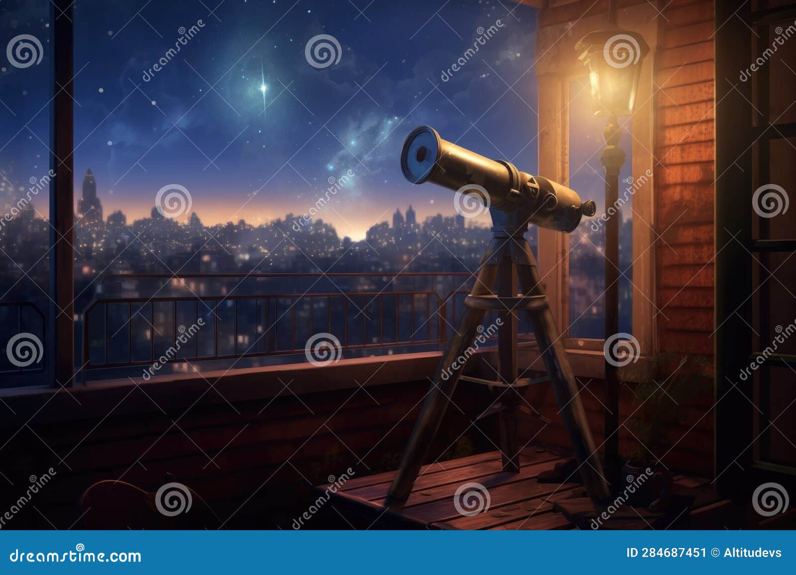 Telescope on Balcony Overlooking City Lights Stock Illustration ...