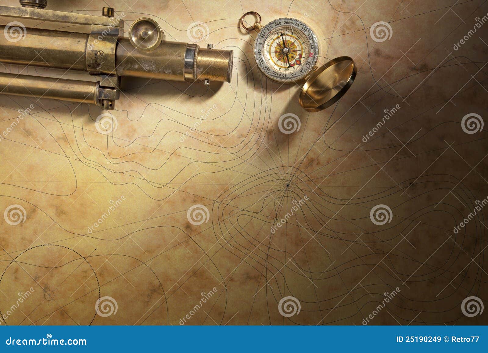 Telescope and Compass with Sea Map Stock Image - Image of antique ...