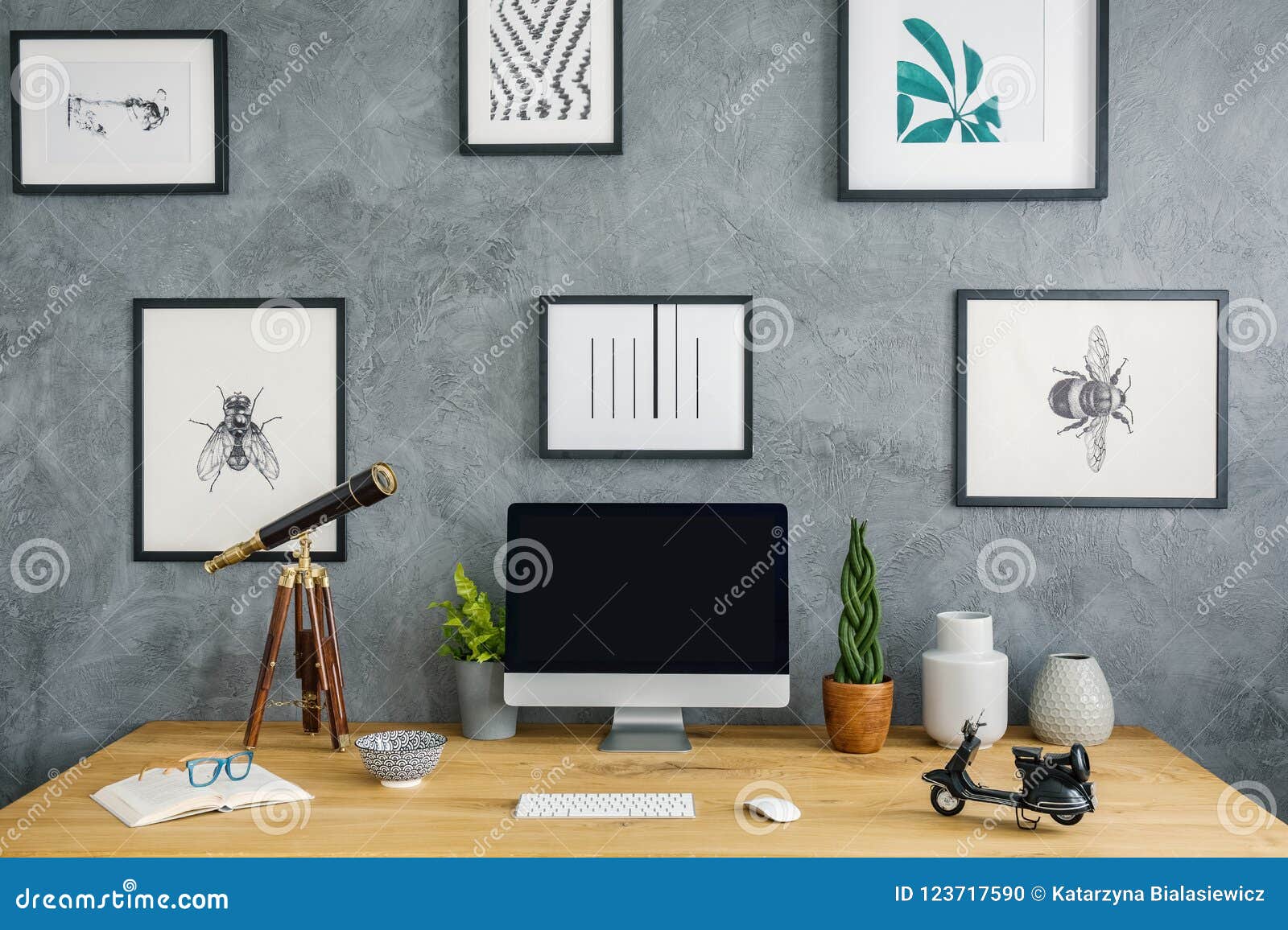 Telescope and Desktop Computer on Wooden Desk in Grey Workspace Stock ...