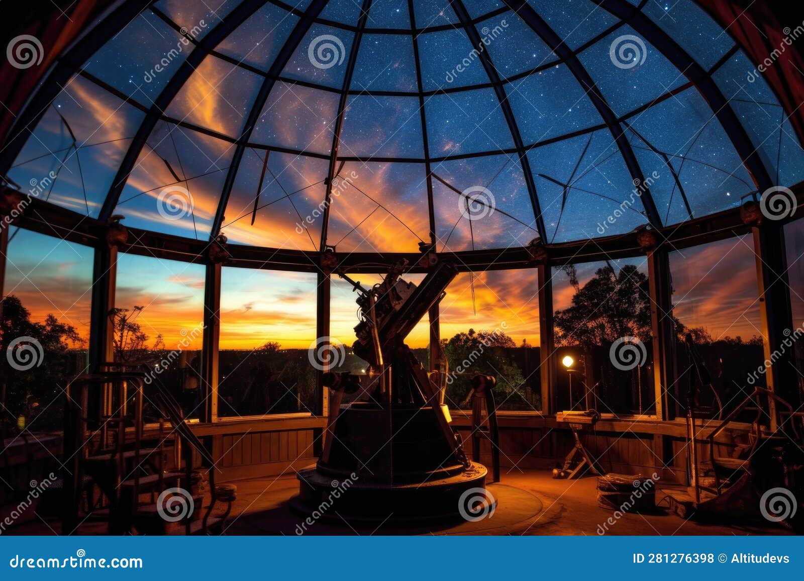 Telescope in Observatory Dome, Open To Night Sky Stock Illustration ...