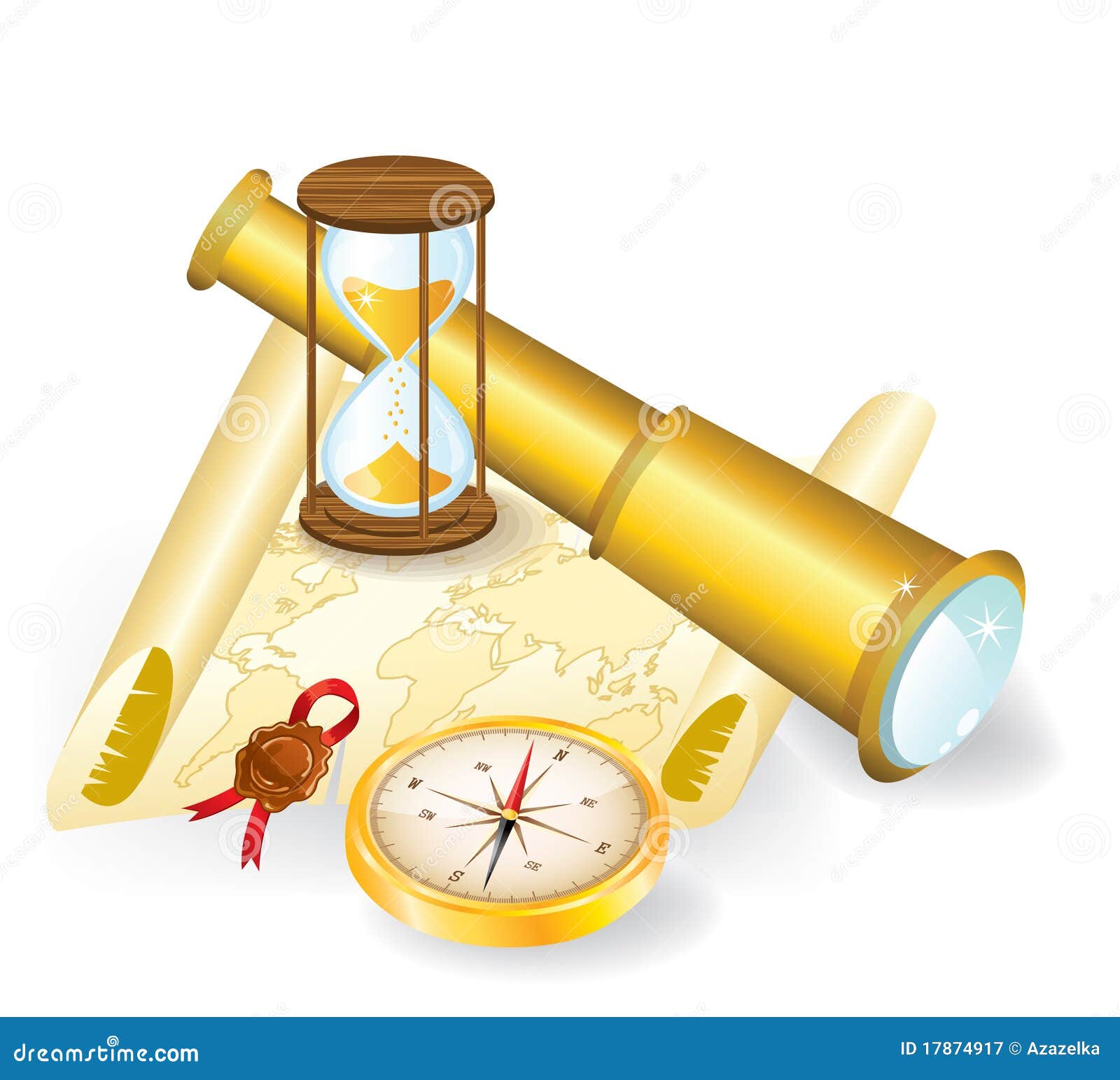 Telescope, Sand-glass and Compass on Old Map Stock Illustration ...