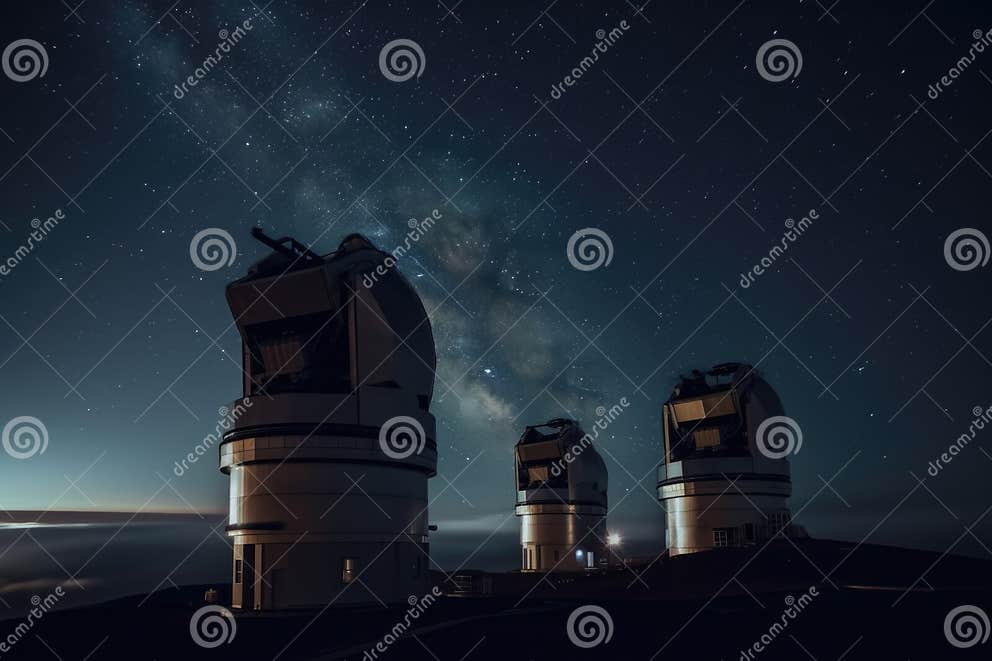 Telescopes and Observatories in the Midst of a Starry Night Sky Stock Illustration ...
