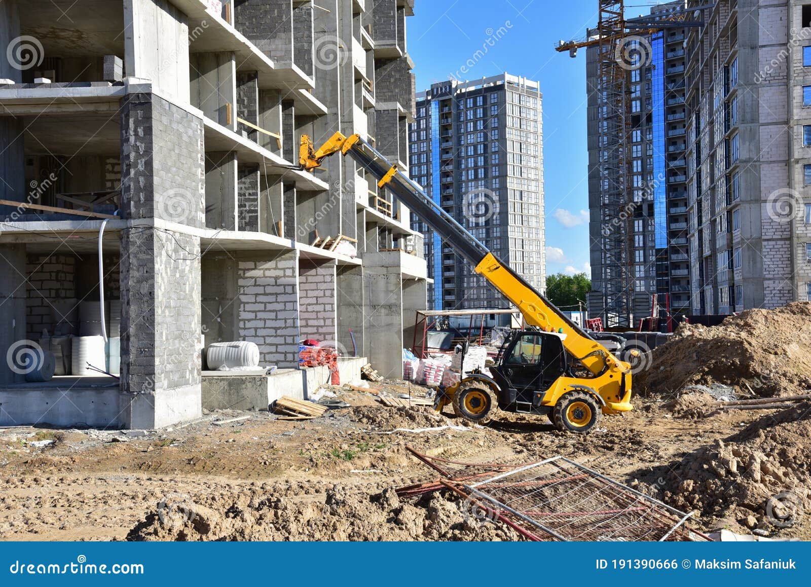 Telescopic Handler Work at the Construction Site. Construction ...