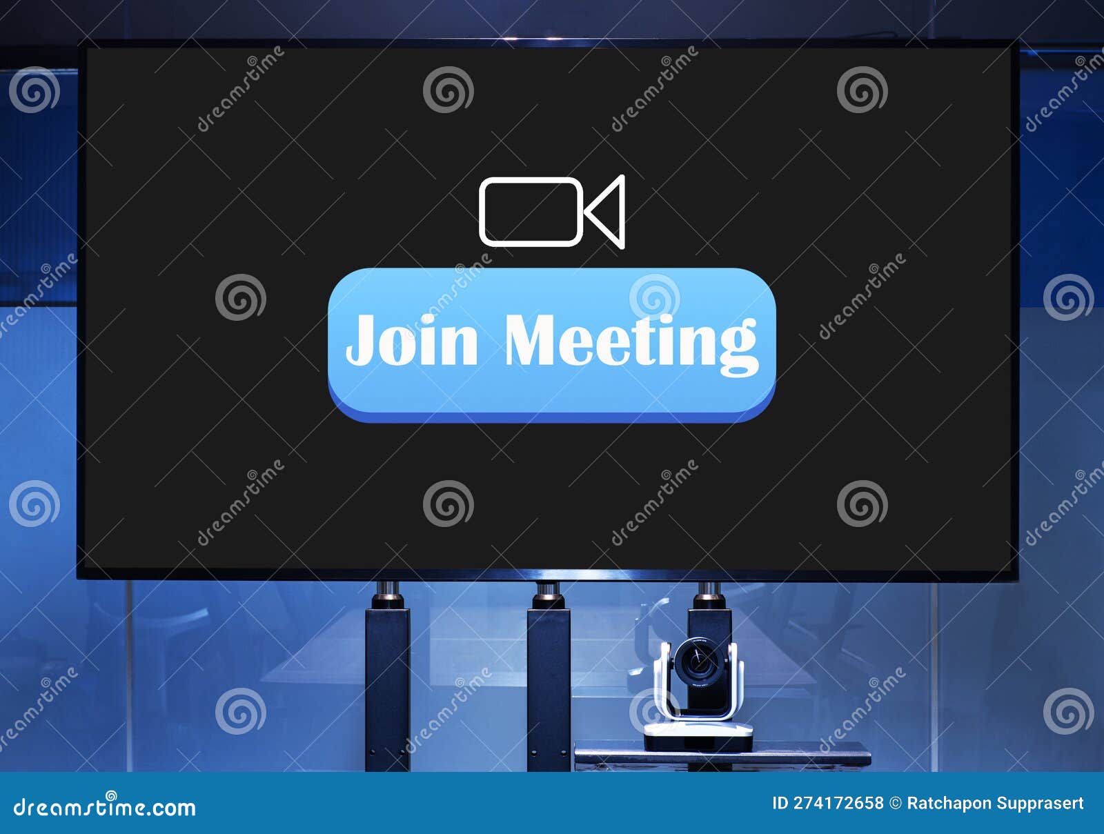 Television with Blue Button Message Join Meeting and White Icon Video ...