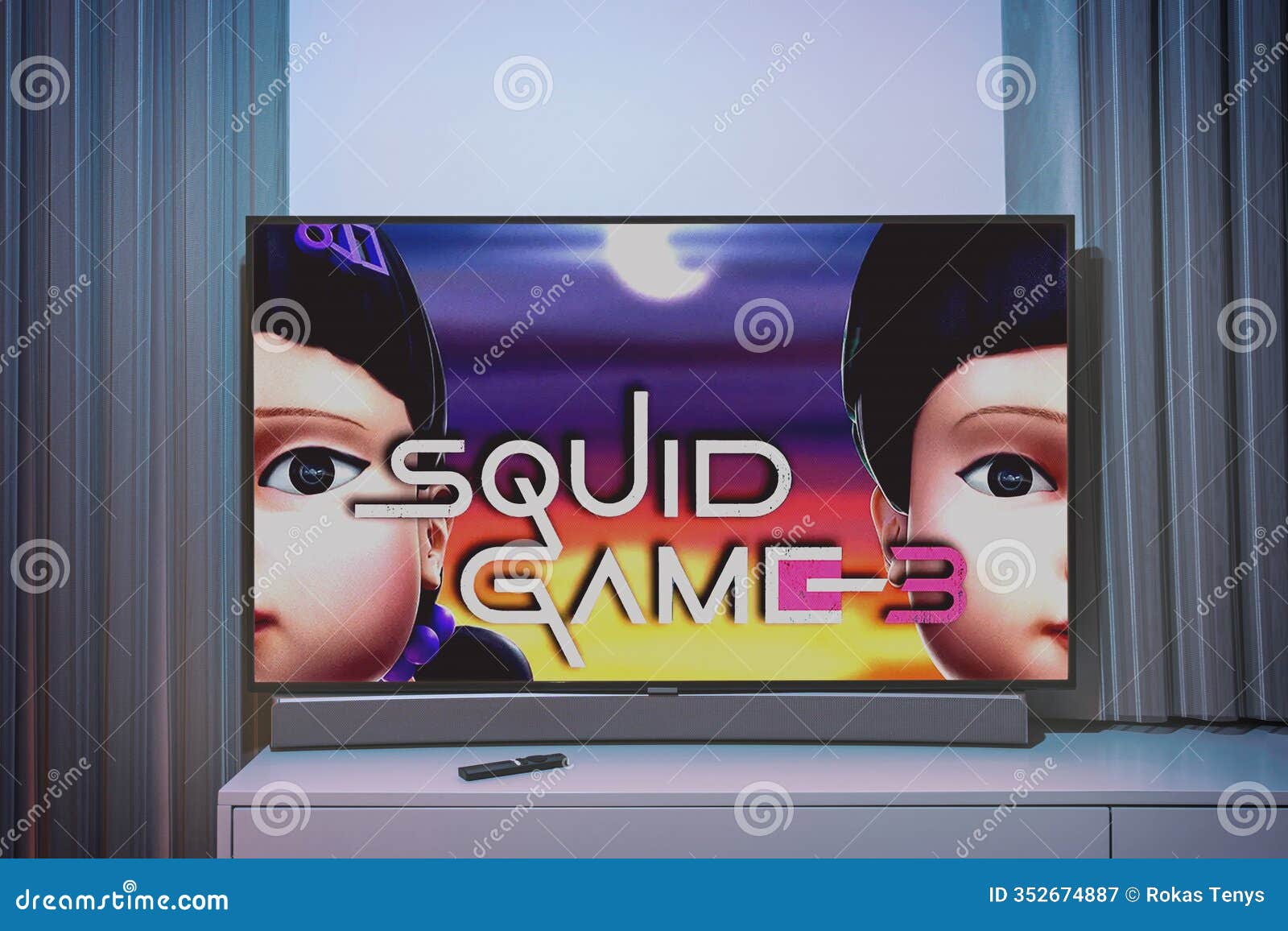 A Television Displaying the Title Screen for Squid Game 3 Editorial ...