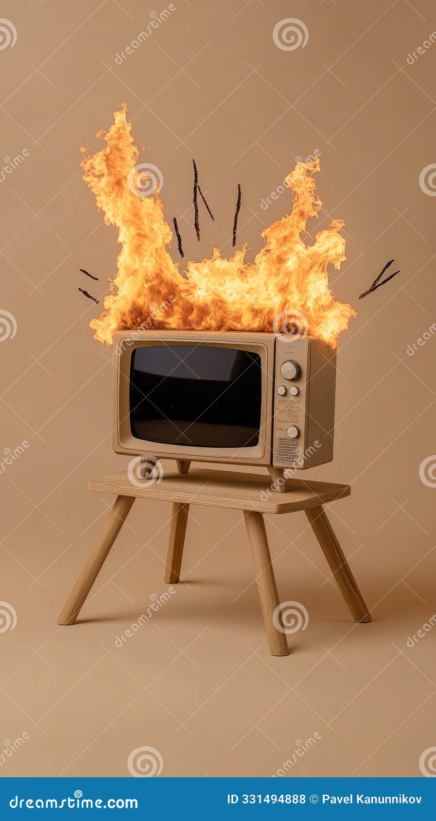 A Television Erupts into Flames on a Light Brown End Table, Showcasing a Hyper-realistic ...
