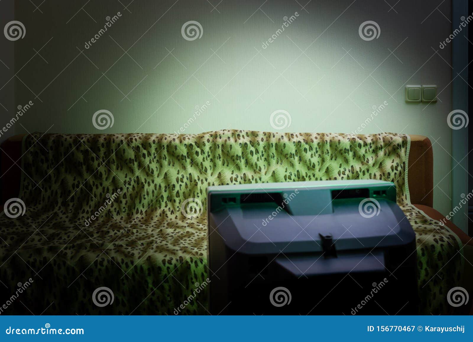 Television in Front of a Sofa Covered with a Leopard Pattern Blanket ...