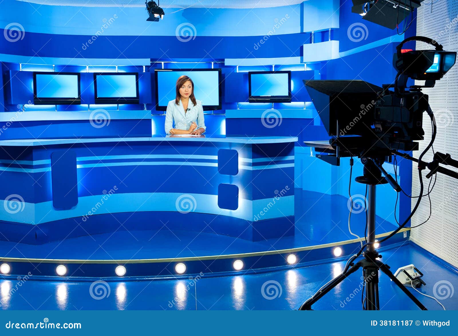 Television Newscaster at Blue TV Studio Stock Image - Image of ...