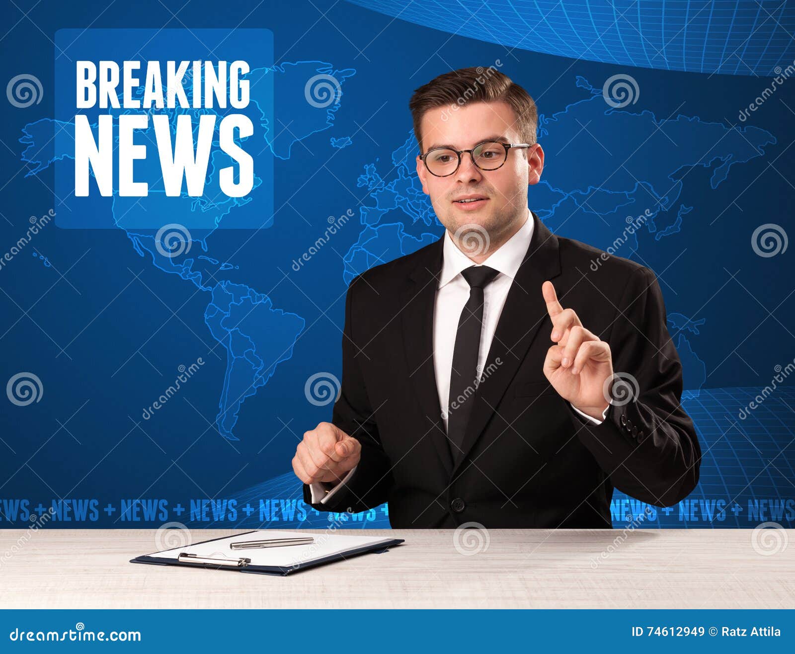 Television Presenter in Front Telling Breaking News with Blue Mo Stock ...