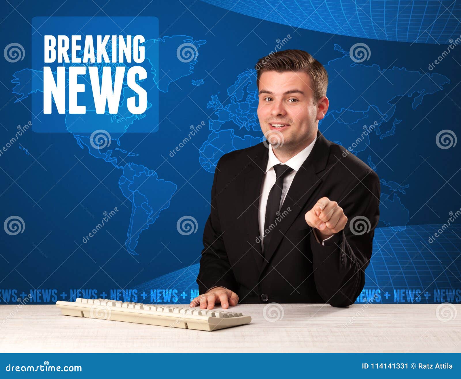 Television Presenter in Front Telling Breaking News with Blue Modern ...