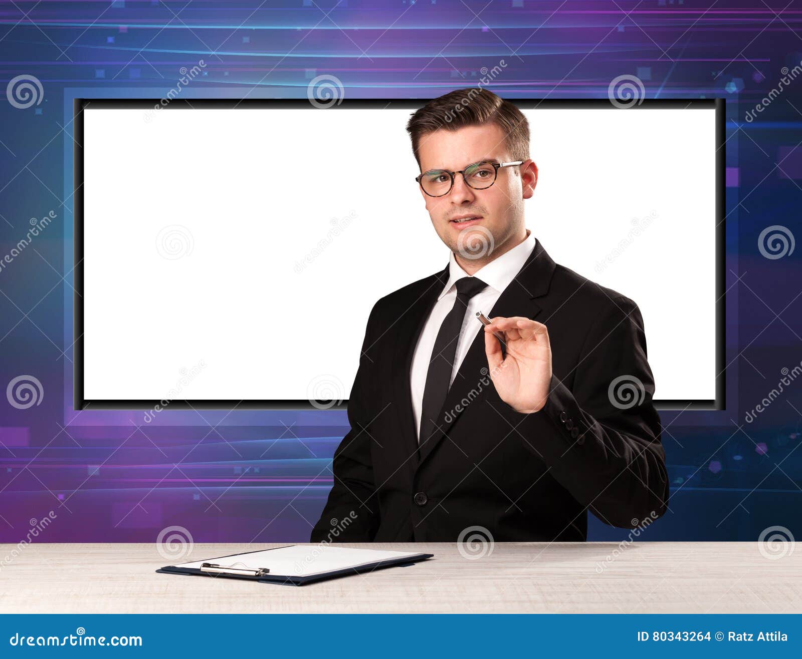 Television Program Host with Big Copy Screen in His Back Stock Photo ...