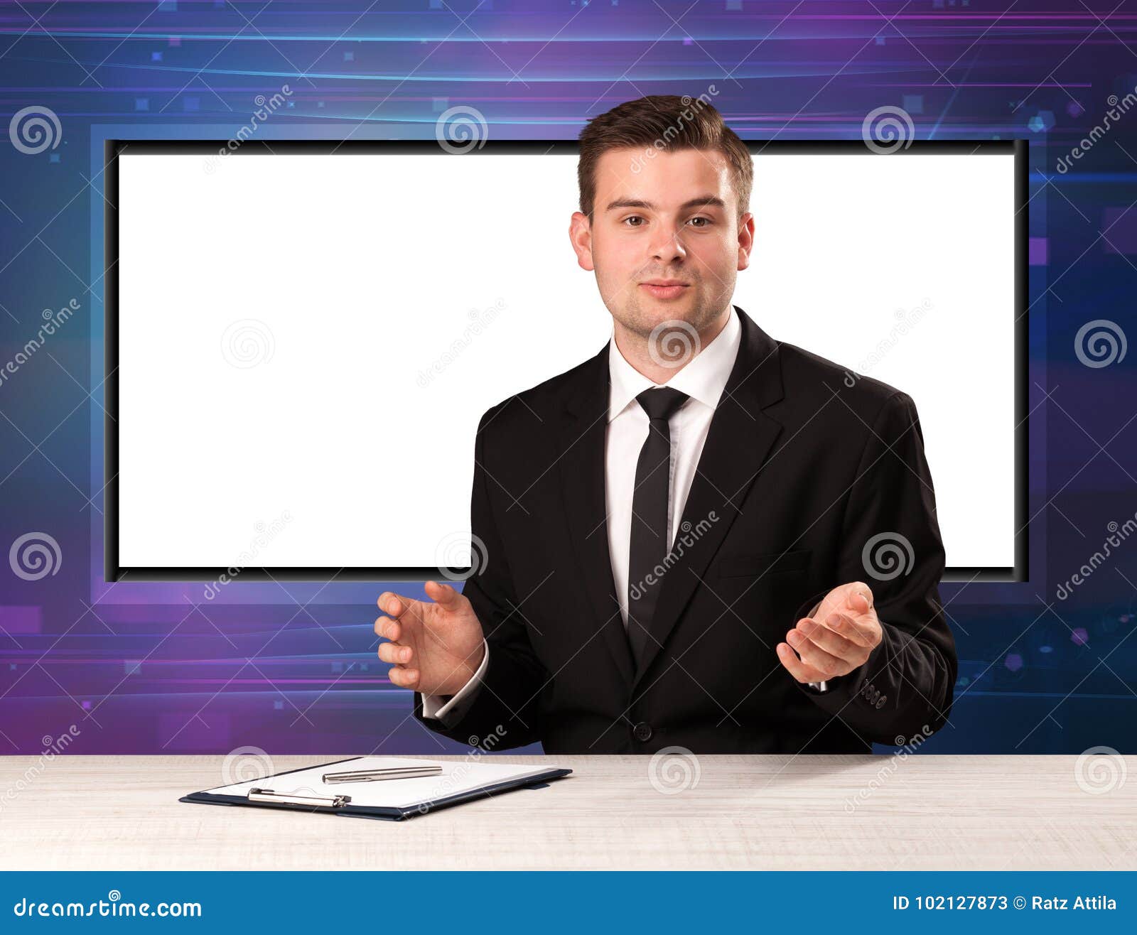 Television Program Host with Big Copy Screen in His Back Stock Image ...
