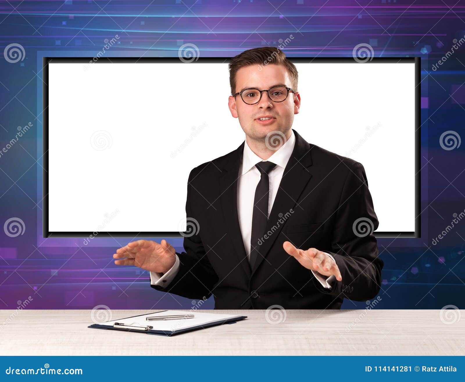 Television Program Host with Big Copy Screen in His Back Stock Image ...