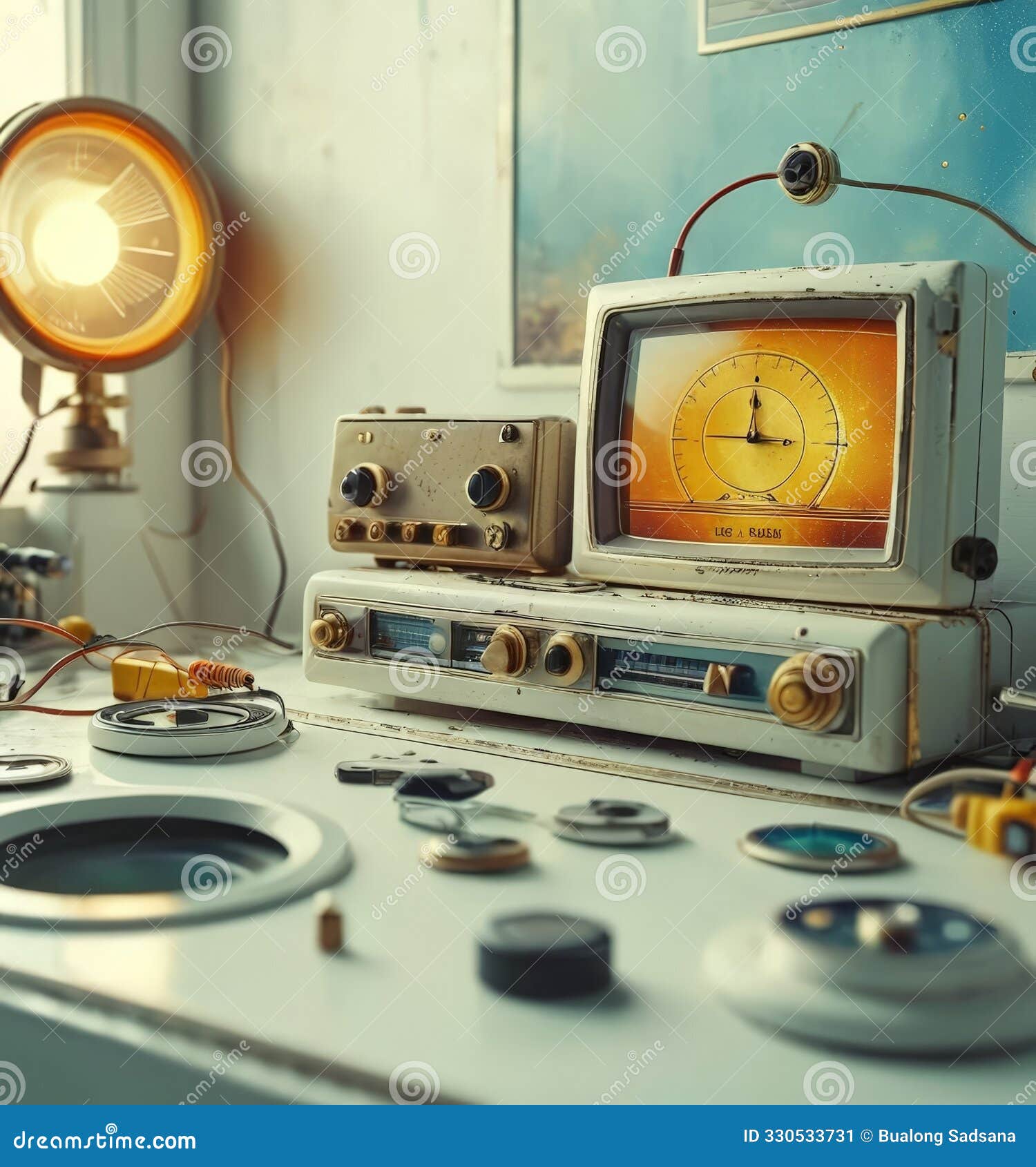 Television Set Up on Table with Clock Stock Illustration - Illustration ...