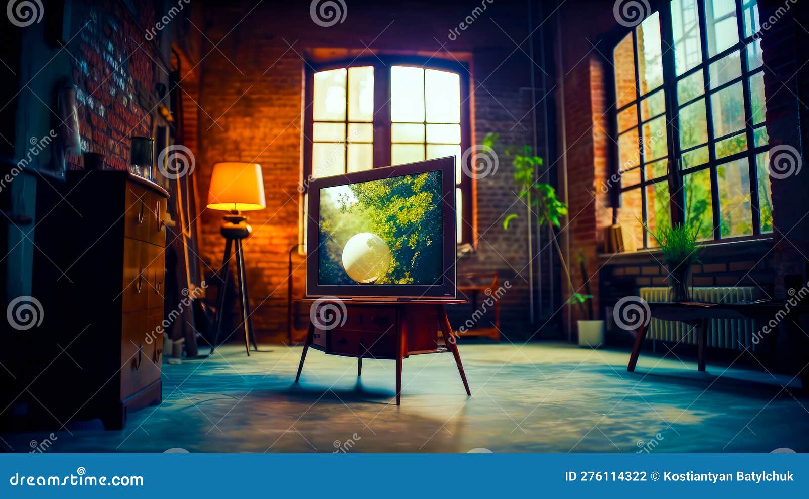 Television Sitting on Top of Wooden Stand in Front of Window ...